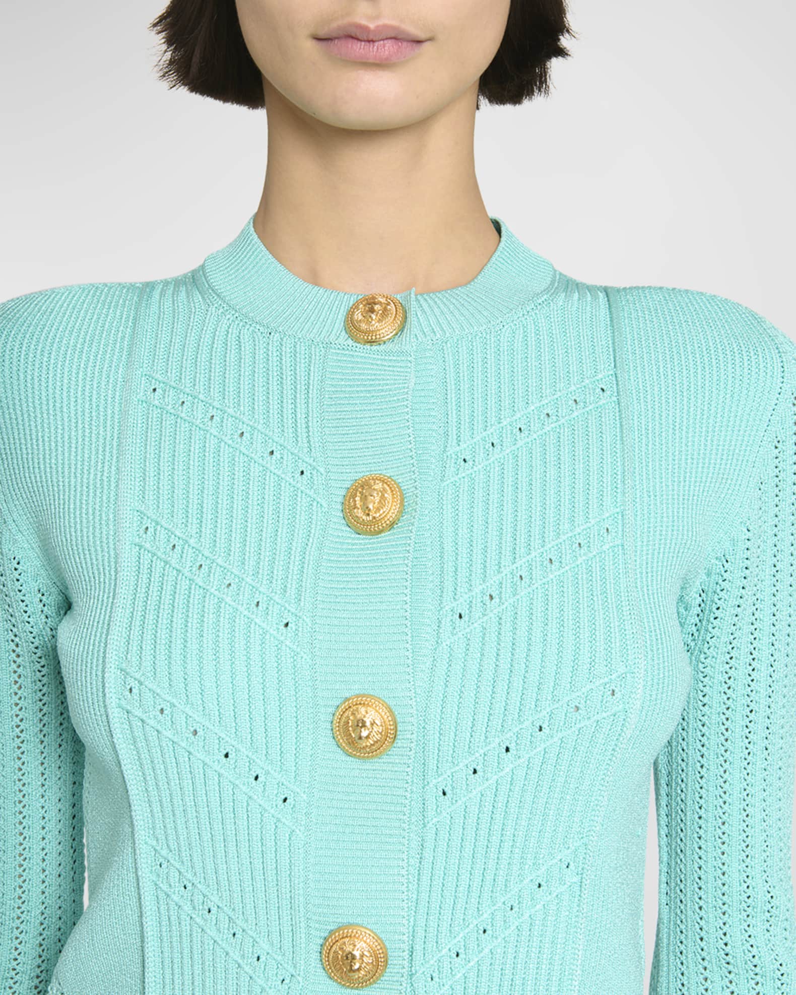 Balmain Buttoned Pointelle Rib Knit Short Cardigan | Neiman Marcus