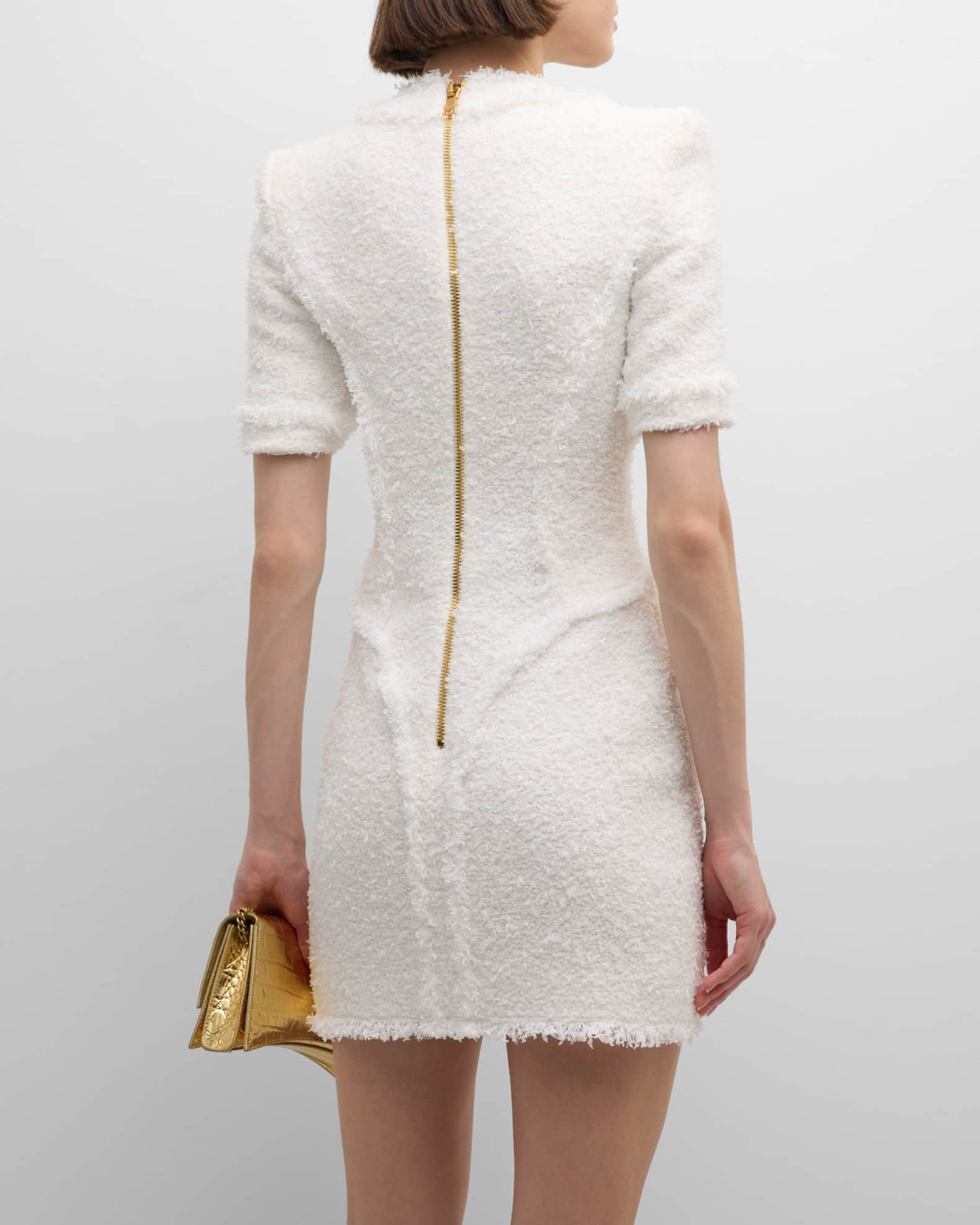 Balmain Short-Sleeve Tweed Button-Front Mini Dress | Neiman Marcus