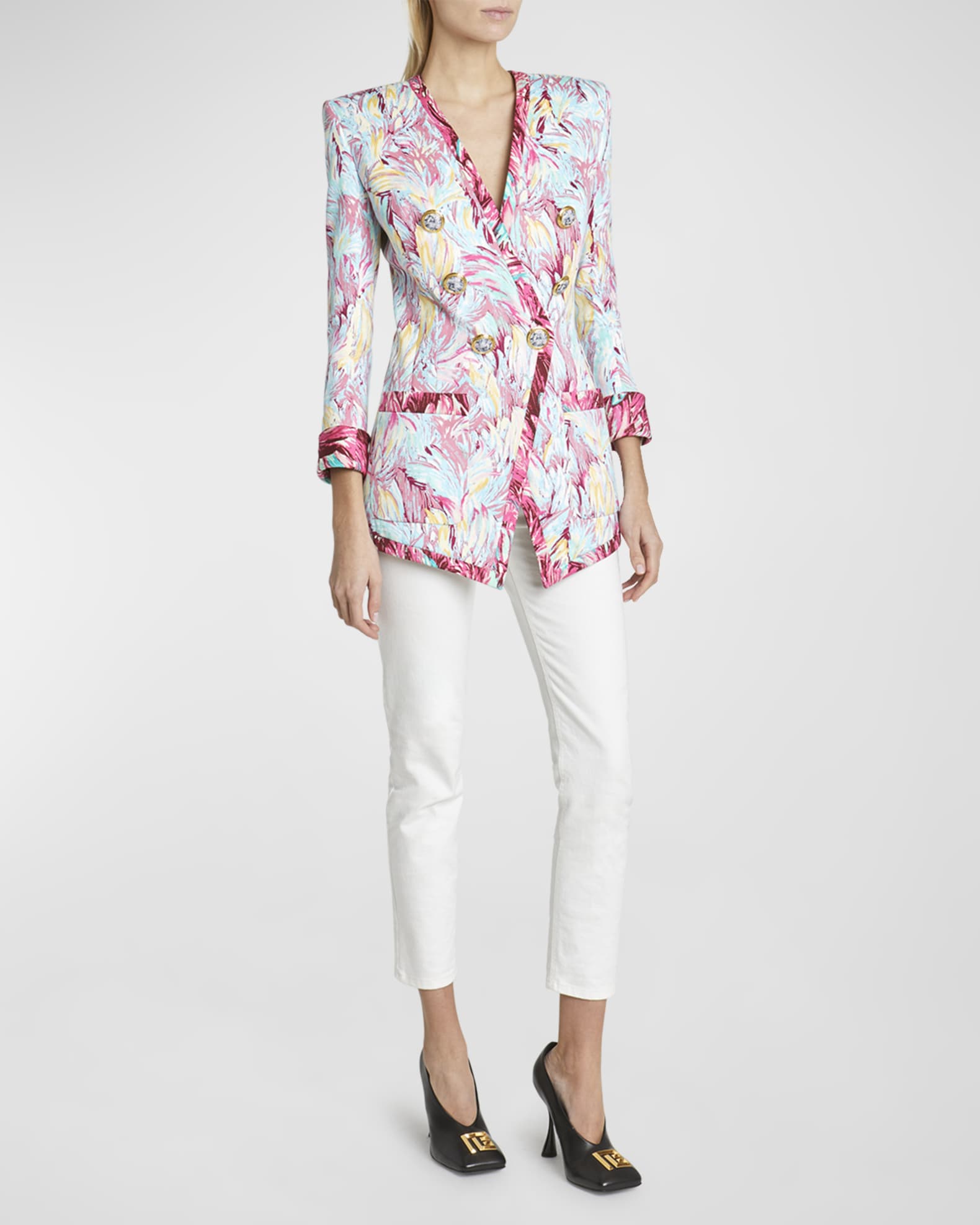 Balmain Feather-Print Collarless Long Double-Breasted Jacket | Neiman ...