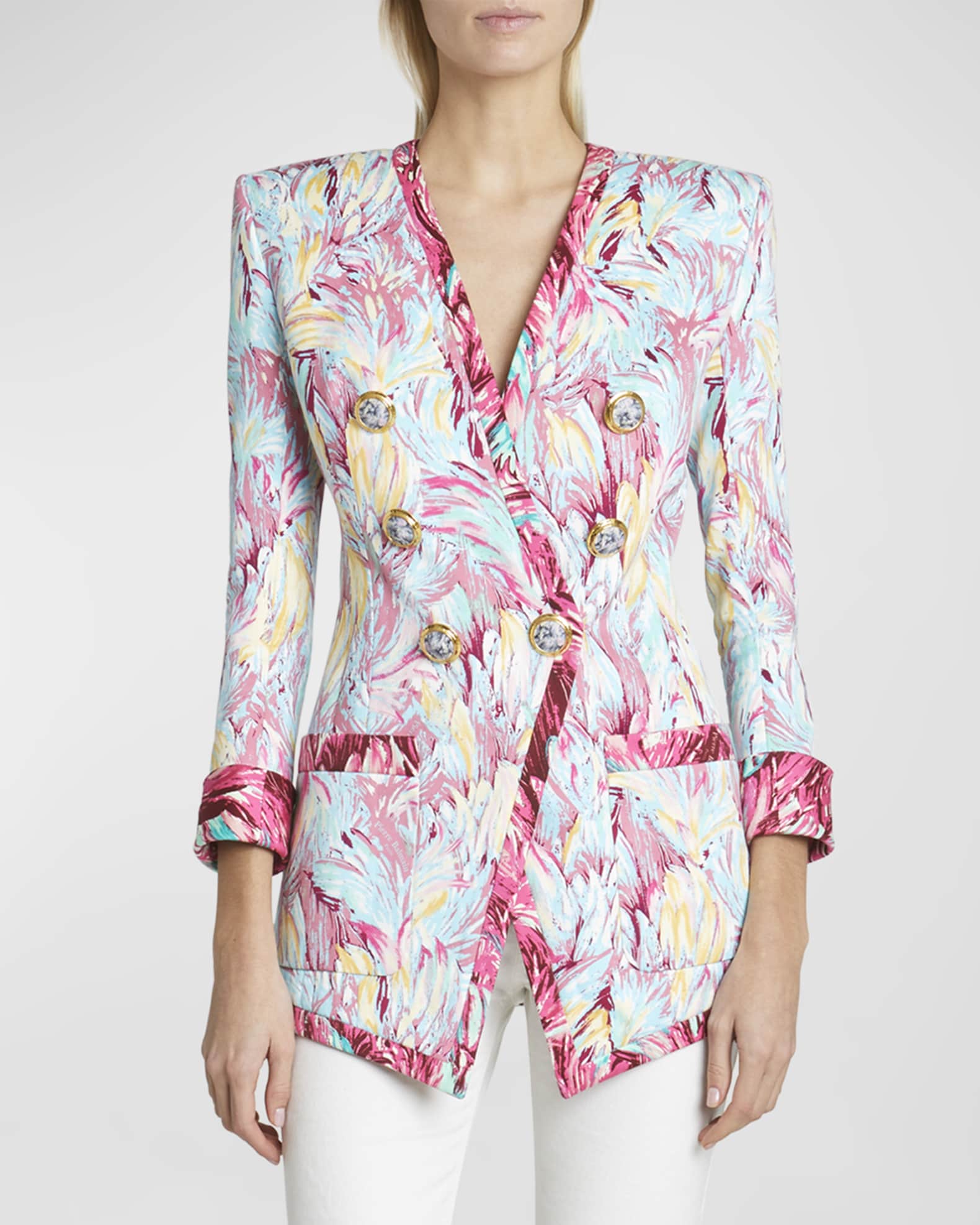 Balmain Feather-Print Collarless Long Double-Breasted Jacket | Neiman ...