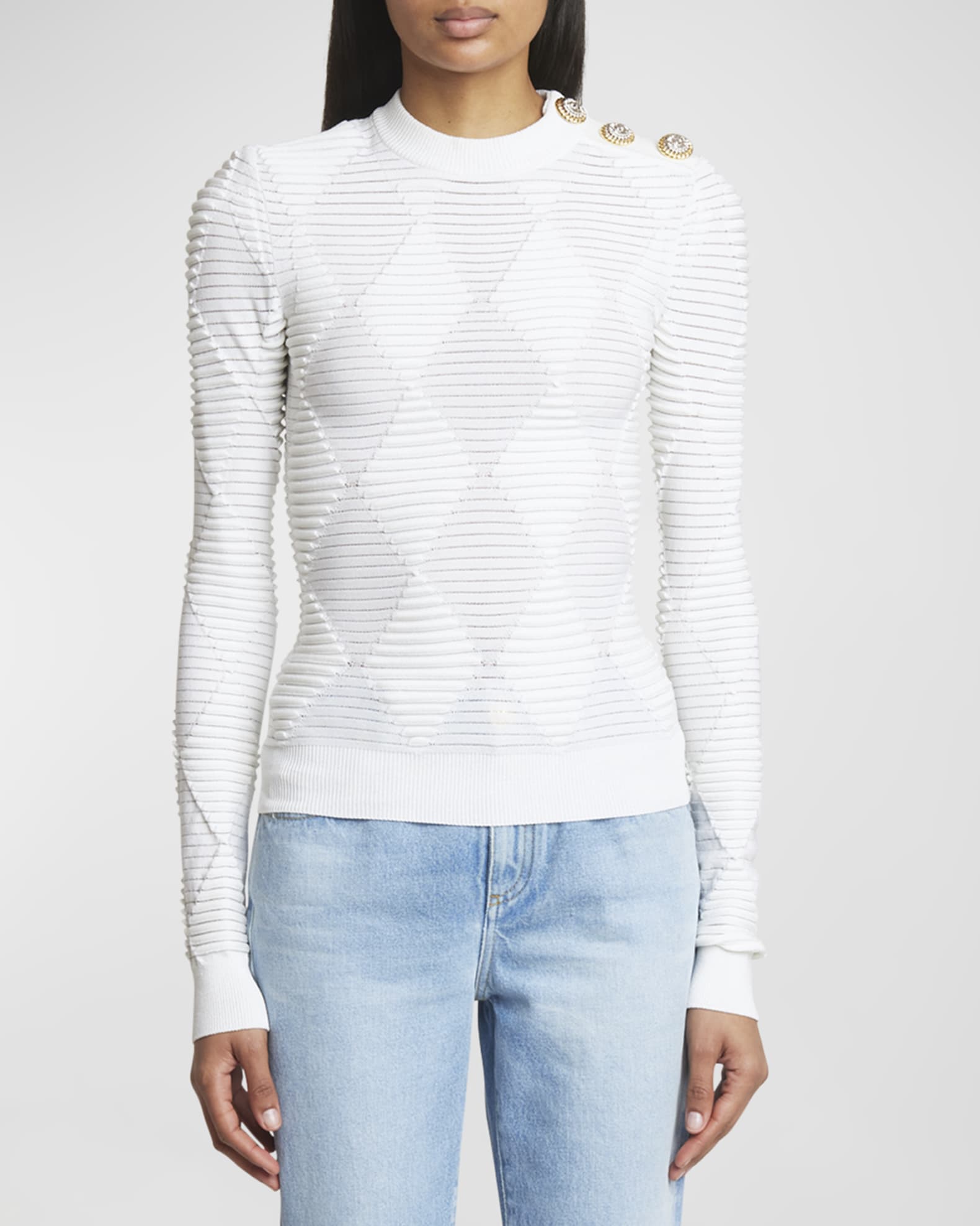 Balmain Long-Sleeve Three-Button Diamond Textured Knit Top | Neiman Marcus
