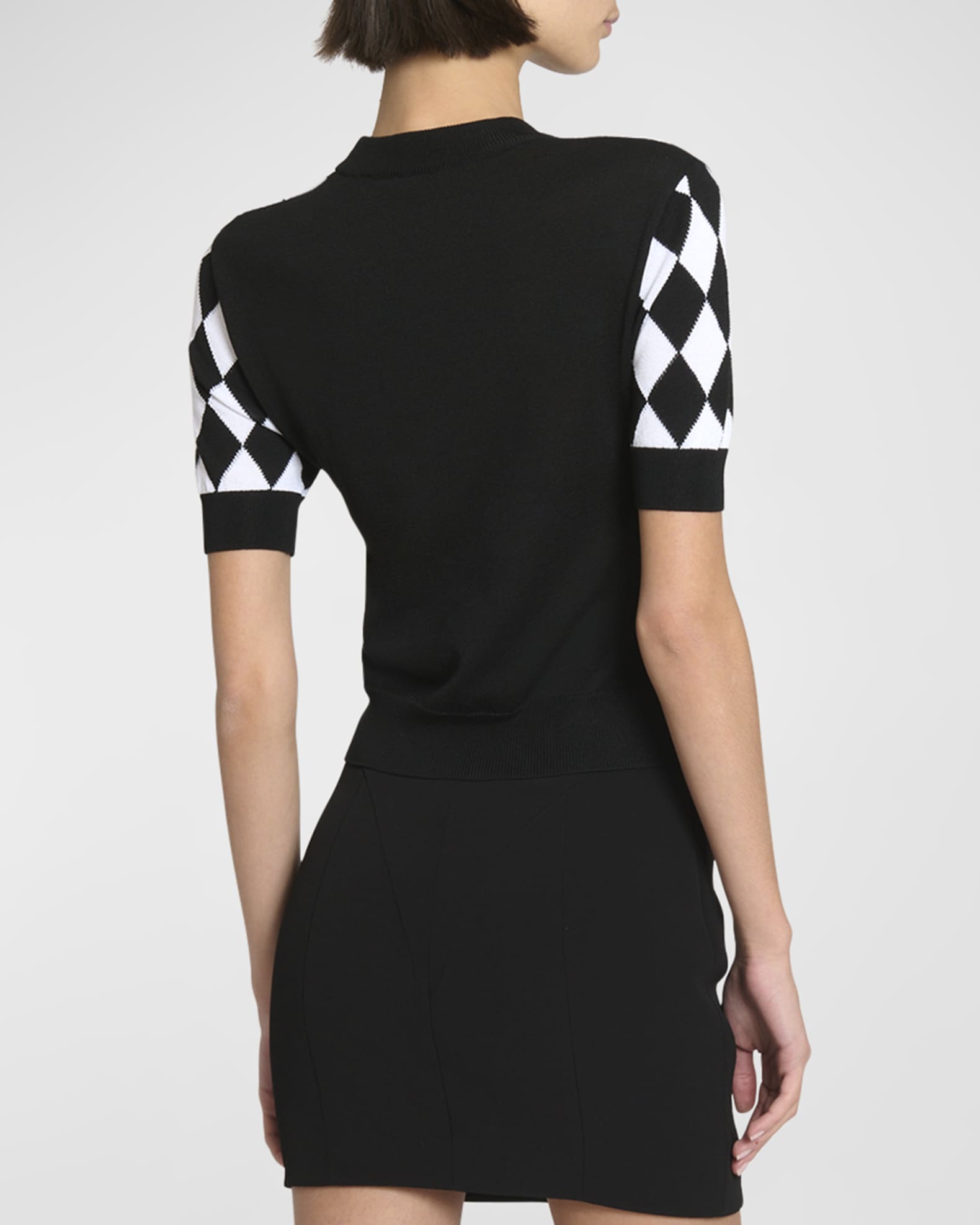 Balmain Short-Sleeve Diamond Intarsia Knit Top | Neiman Marcus