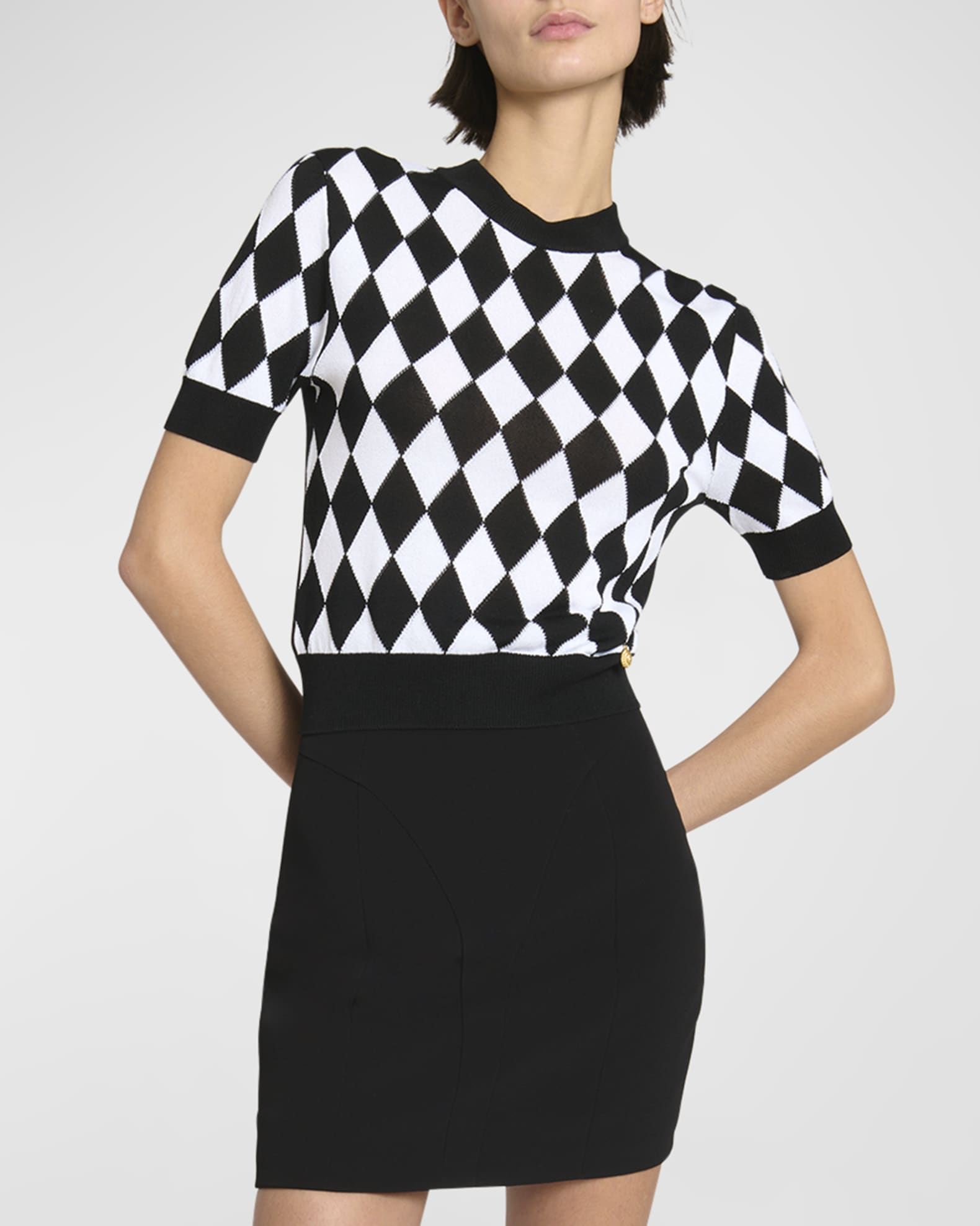 Balmain Short-Sleeve Diamond Intarsia Knit Top | Neiman Marcus