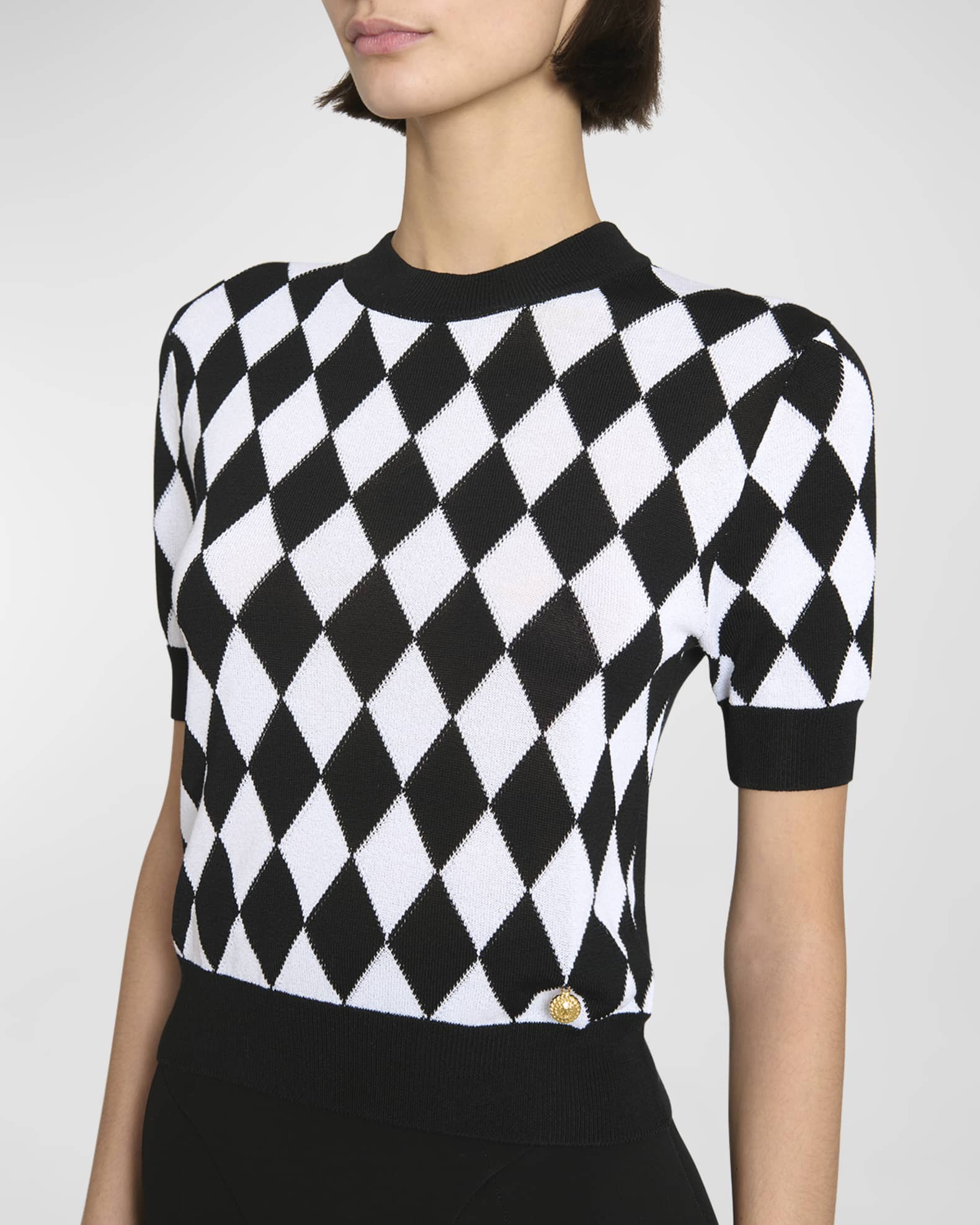 Balmain Short-Sleeve Diamond Intarsia Knit Top | Neiman Marcus