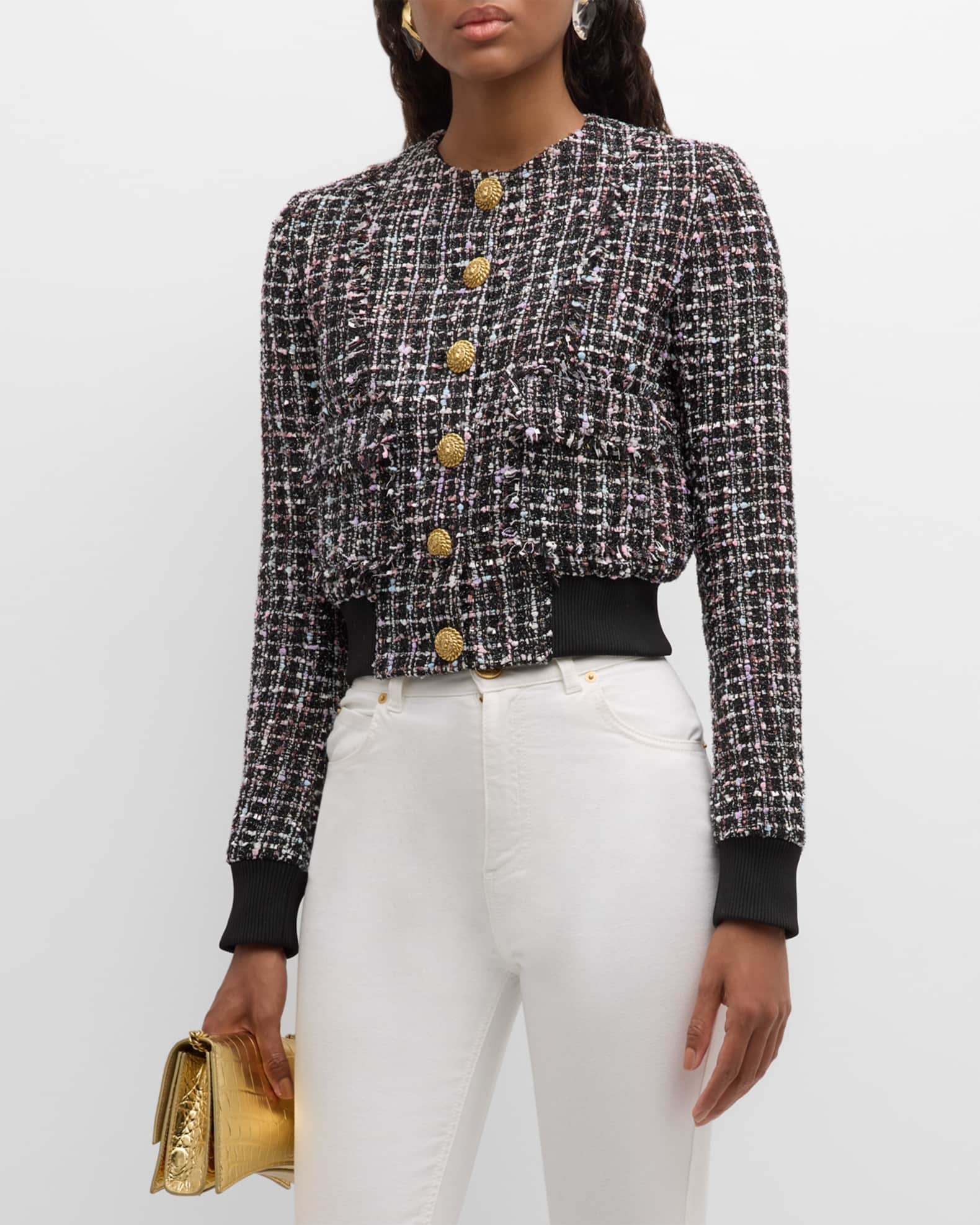 Balmain Buttoned Metallic Tweed Bomber Jacket | Neiman Marcus