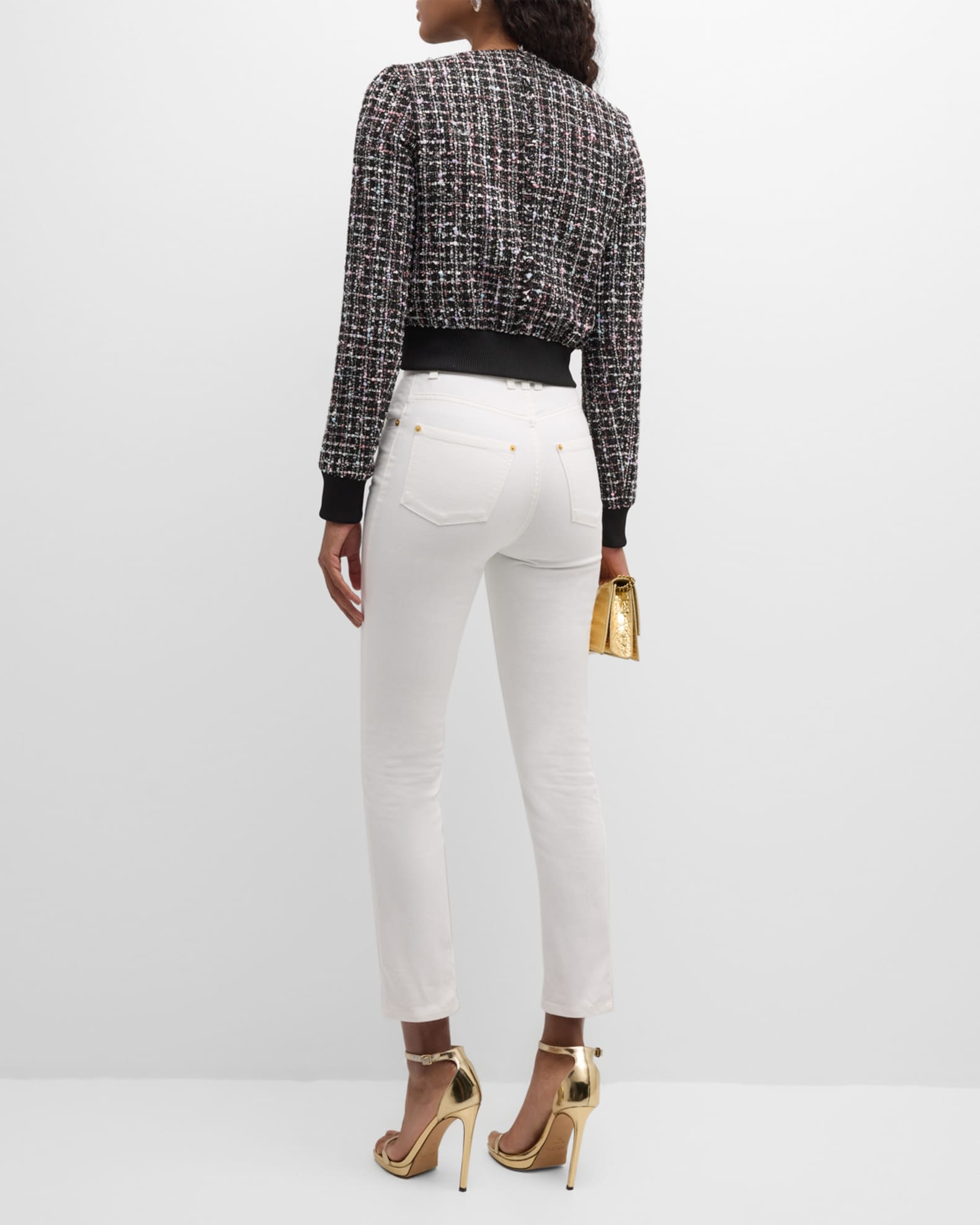 Balmain Buttoned Metallic Tweed Bomber Jacket | Neiman Marcus
