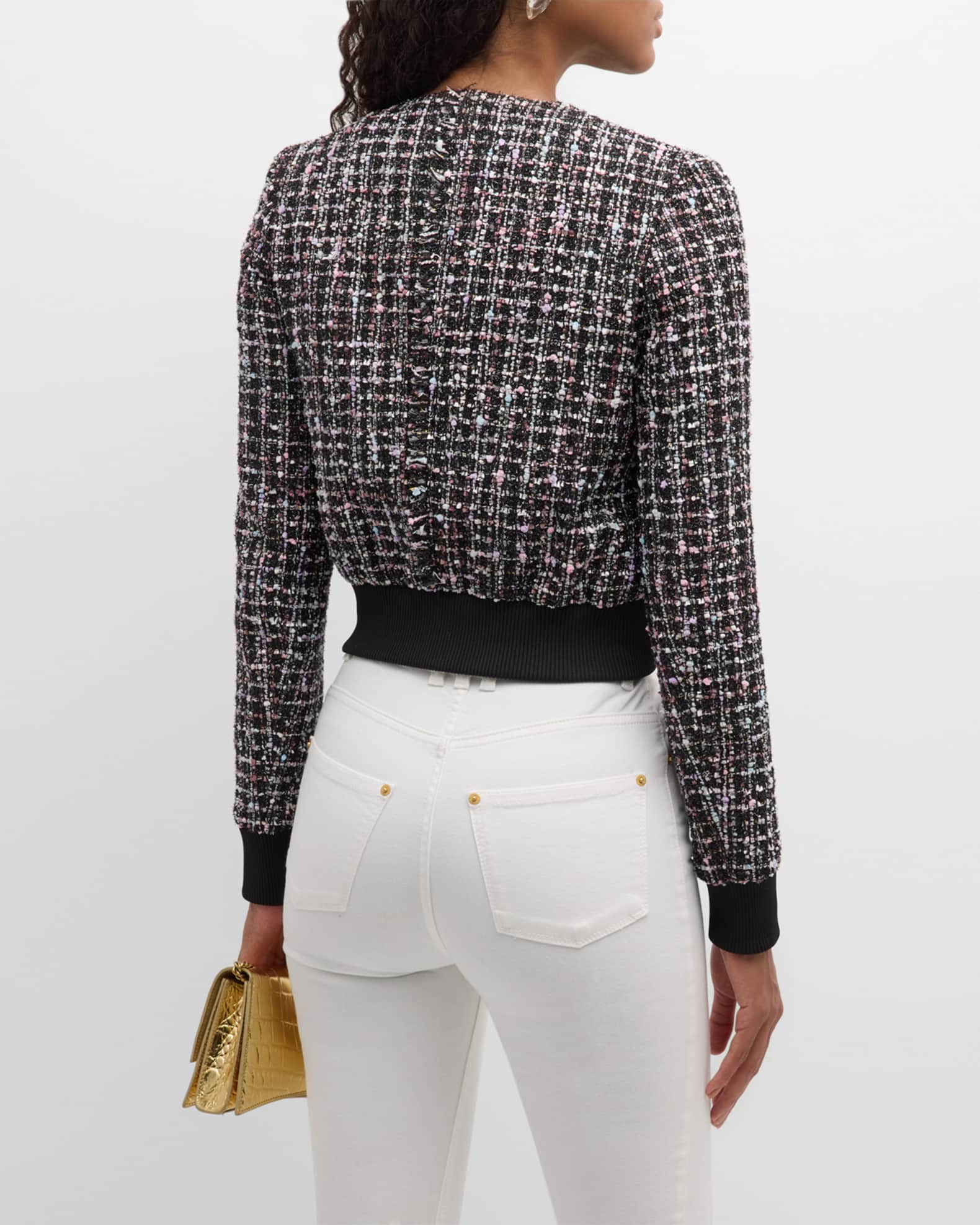 Balmain Buttoned Metallic Tweed Bomber Jacket | Neiman Marcus