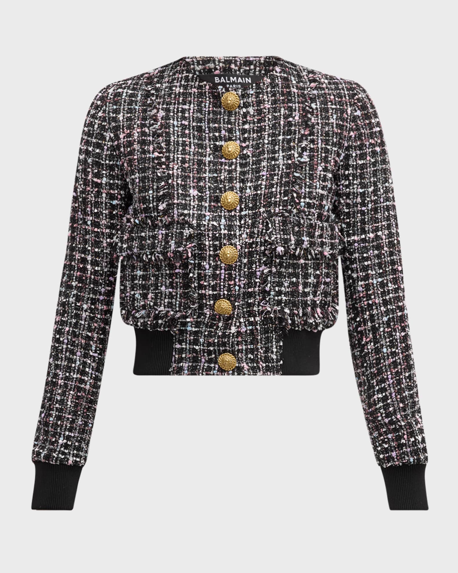 Balmain Buttoned Metallic Tweed Bomber Jacket | Neiman Marcus