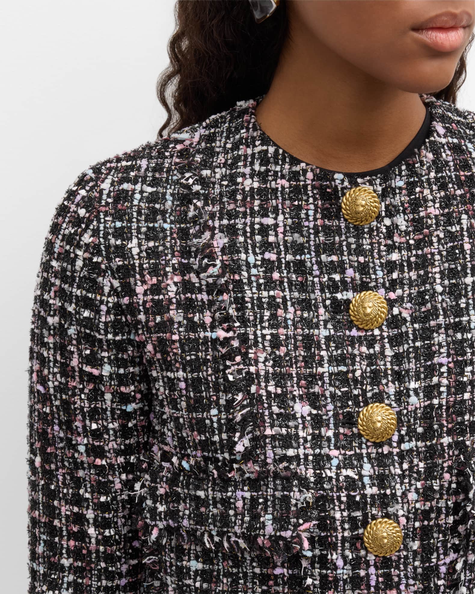 Balmain Buttoned Metallic Tweed Bomber Jacket | Neiman Marcus
