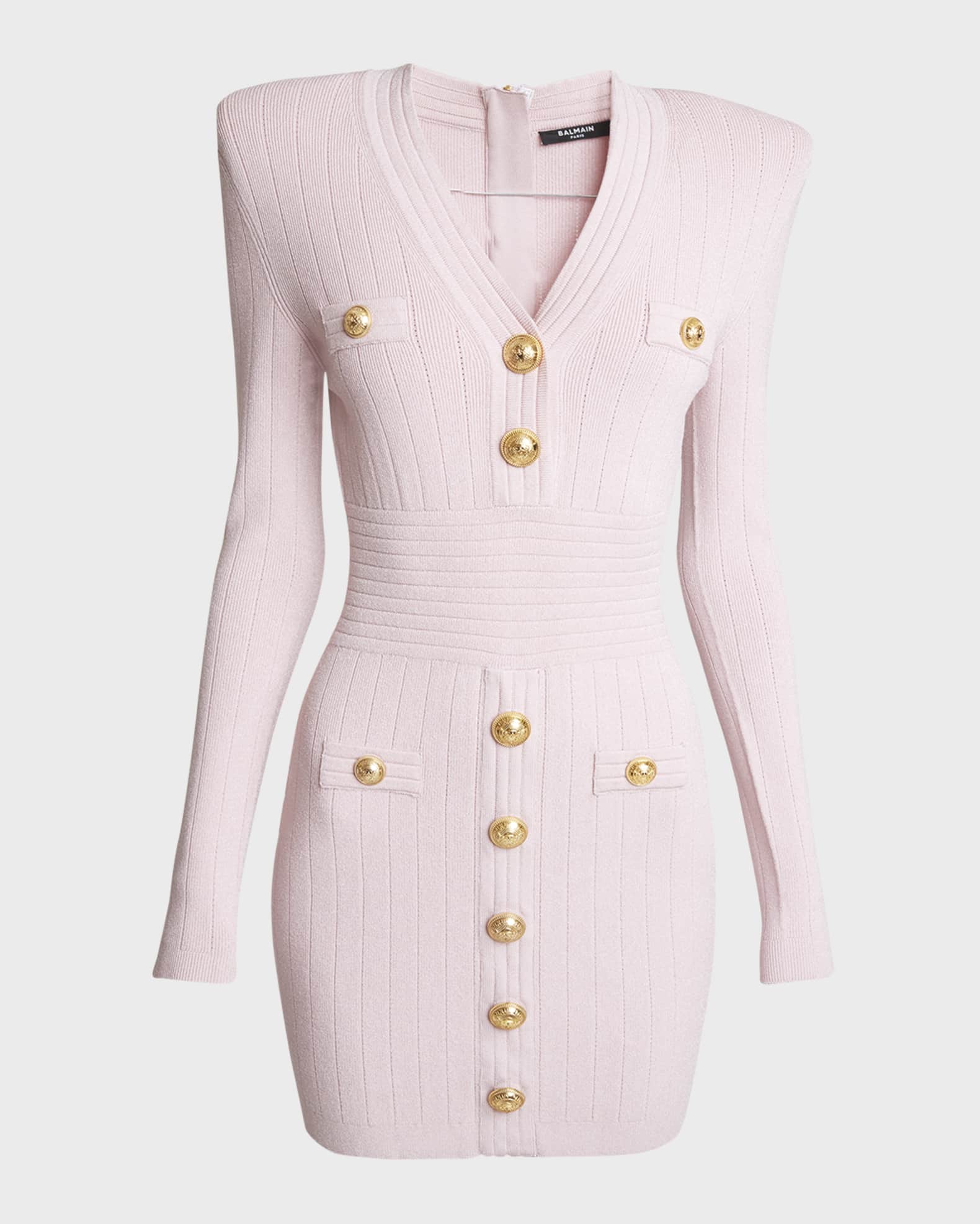 Balmain Long-Sleeve Buttoned Short Knit Dress | Neiman Marcus