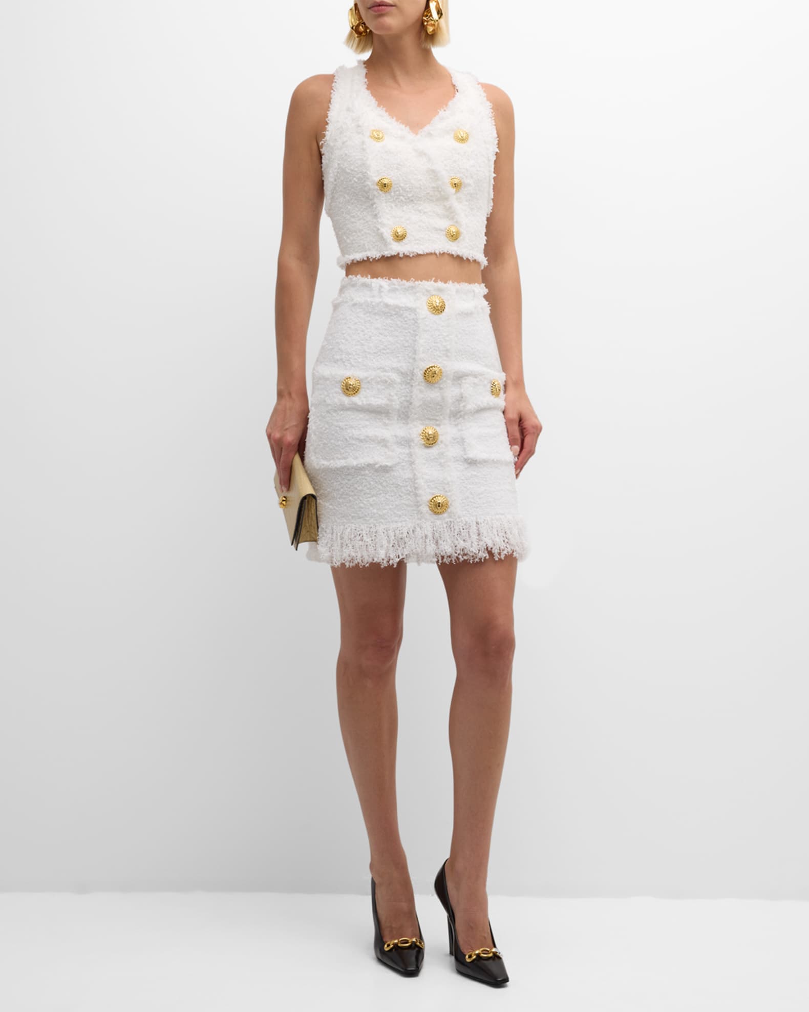 Balmain 6-Button Sleeveless Crop Tweed Top | Neiman Marcus