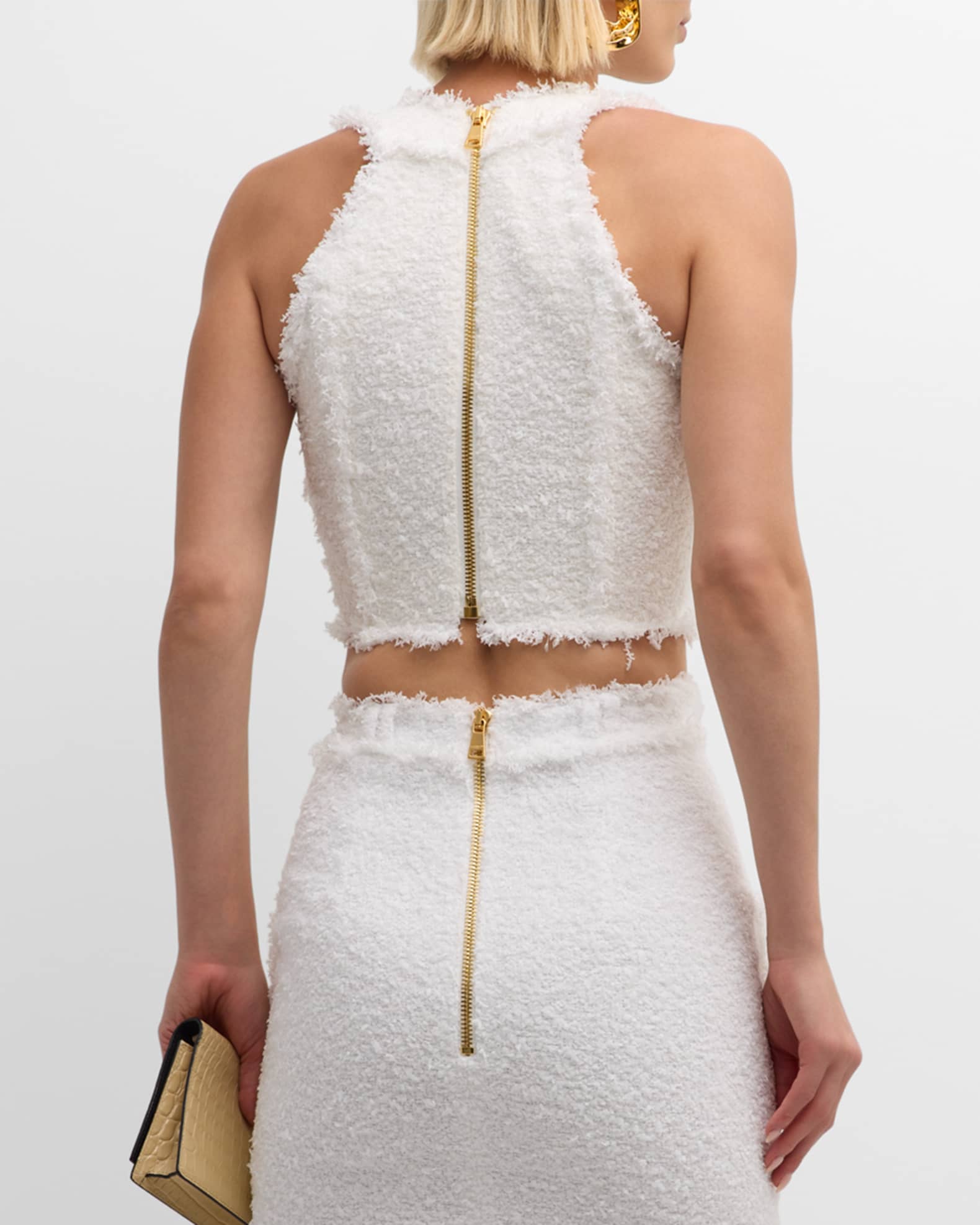 Balmain 6-Button Sleeveless Crop Tweed Top | Neiman Marcus