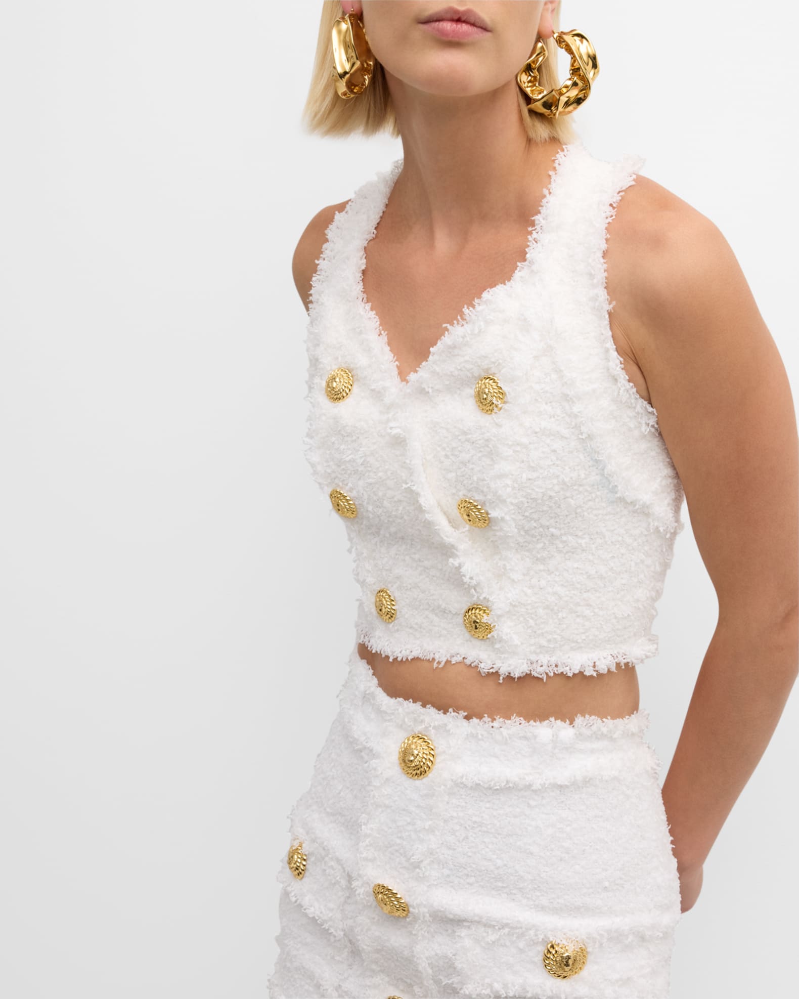 Balmain 6-Button Sleeveless Crop Tweed Top | Neiman Marcus