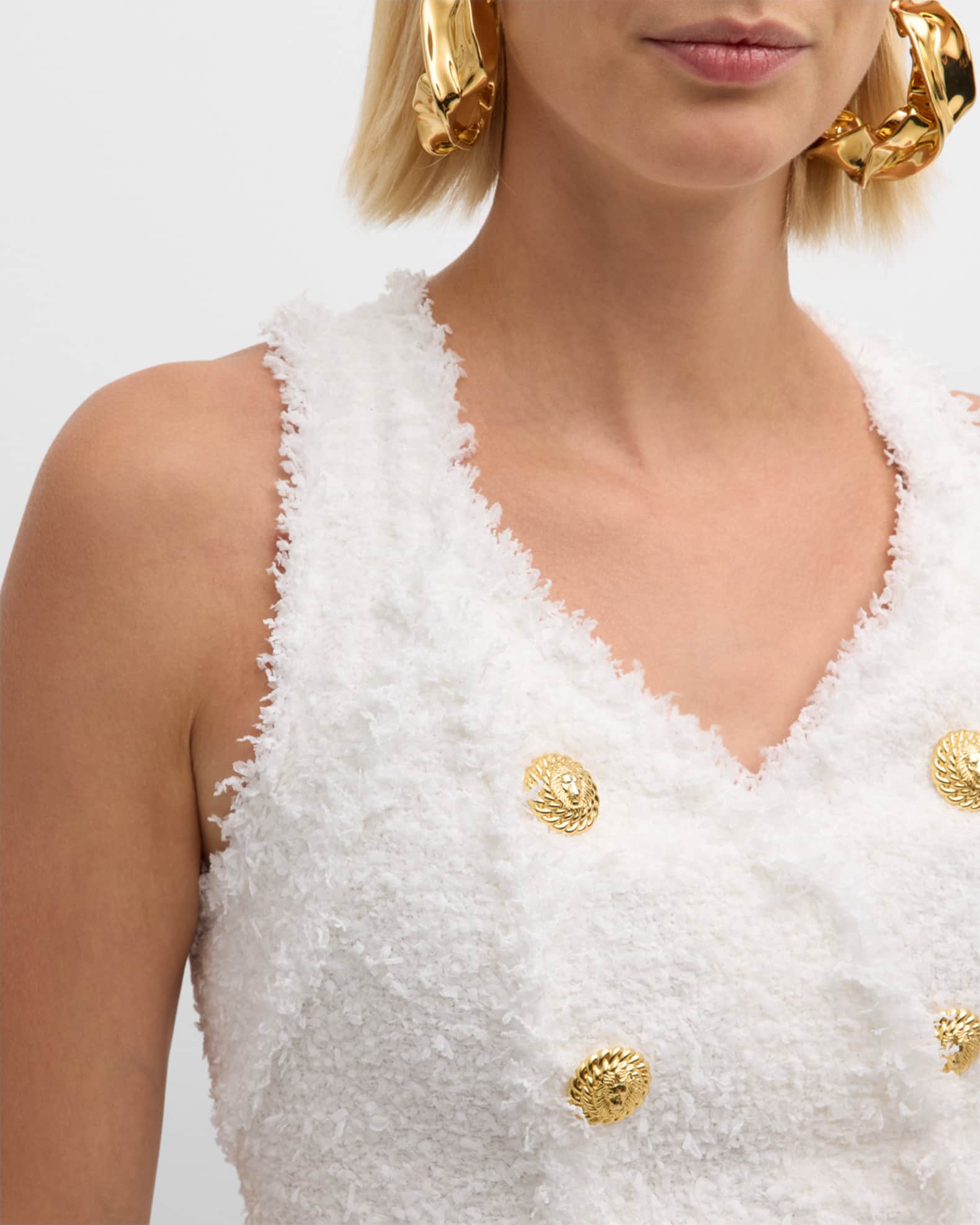 Balmain 6-Button Sleeveless Crop Tweed Top | Neiman Marcus