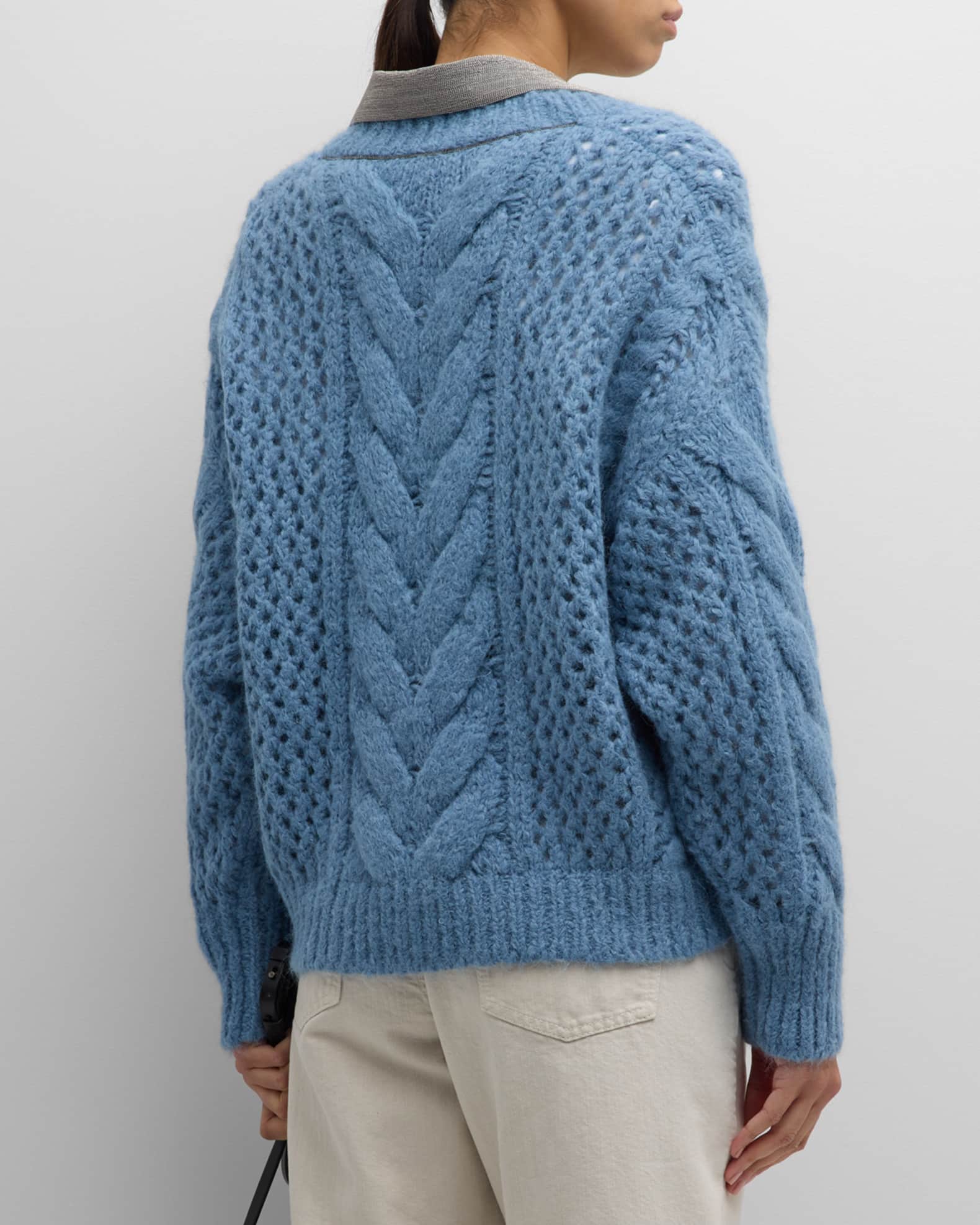 Brunello Cucinelli Alpaca-Wool Irish Cable Knit V-Neck Sweater | Neiman ...