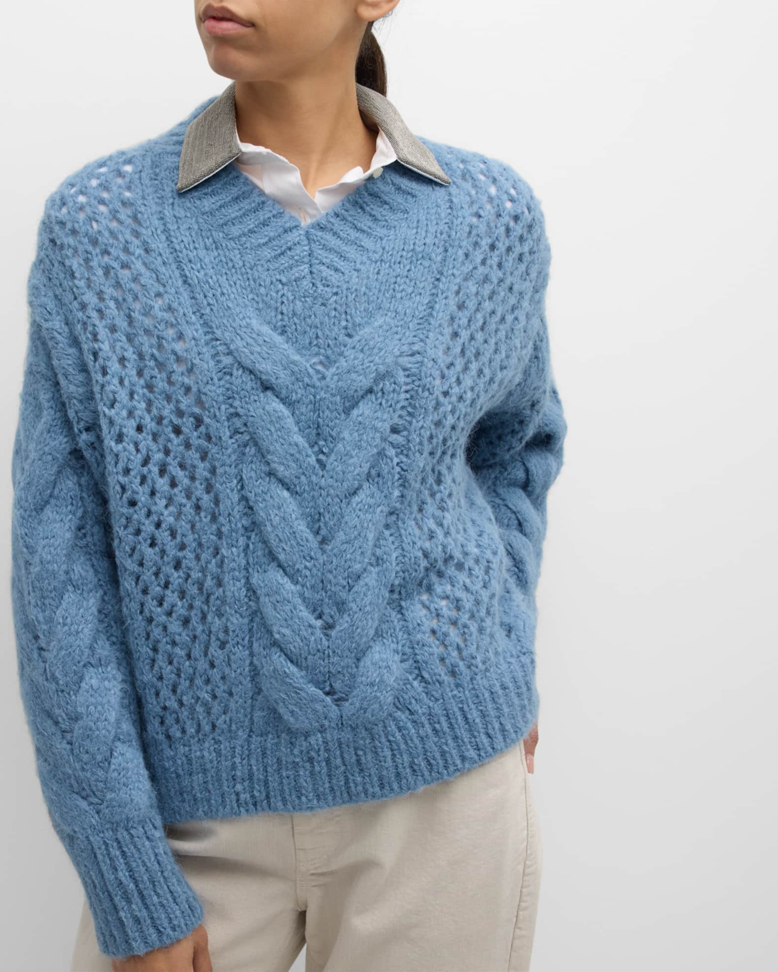 Brunello Cucinelli Alpaca-Wool Irish Cable Knit V-Neck Sweater | Neiman Marcus