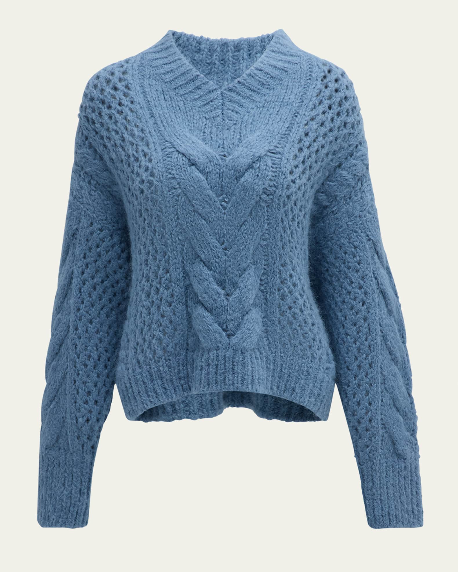 Brunello Cucinelli Alpaca-Wool Irish Cable Knit V-Neck Sweater | Neiman Marcus