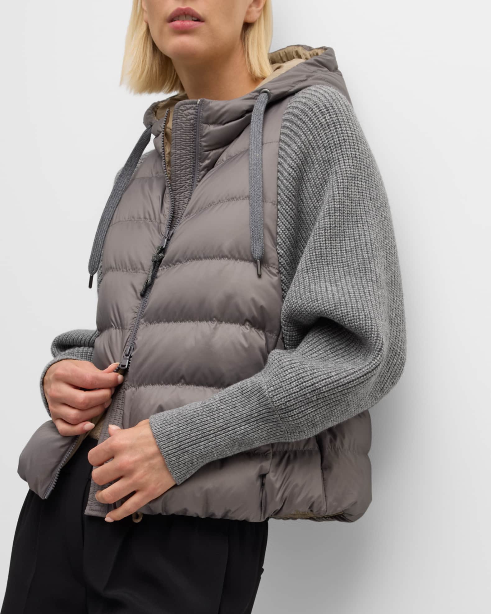 Brunello Cucinelli Padded Taffeta Vest with Cashmere Ribbed Sleeves ...