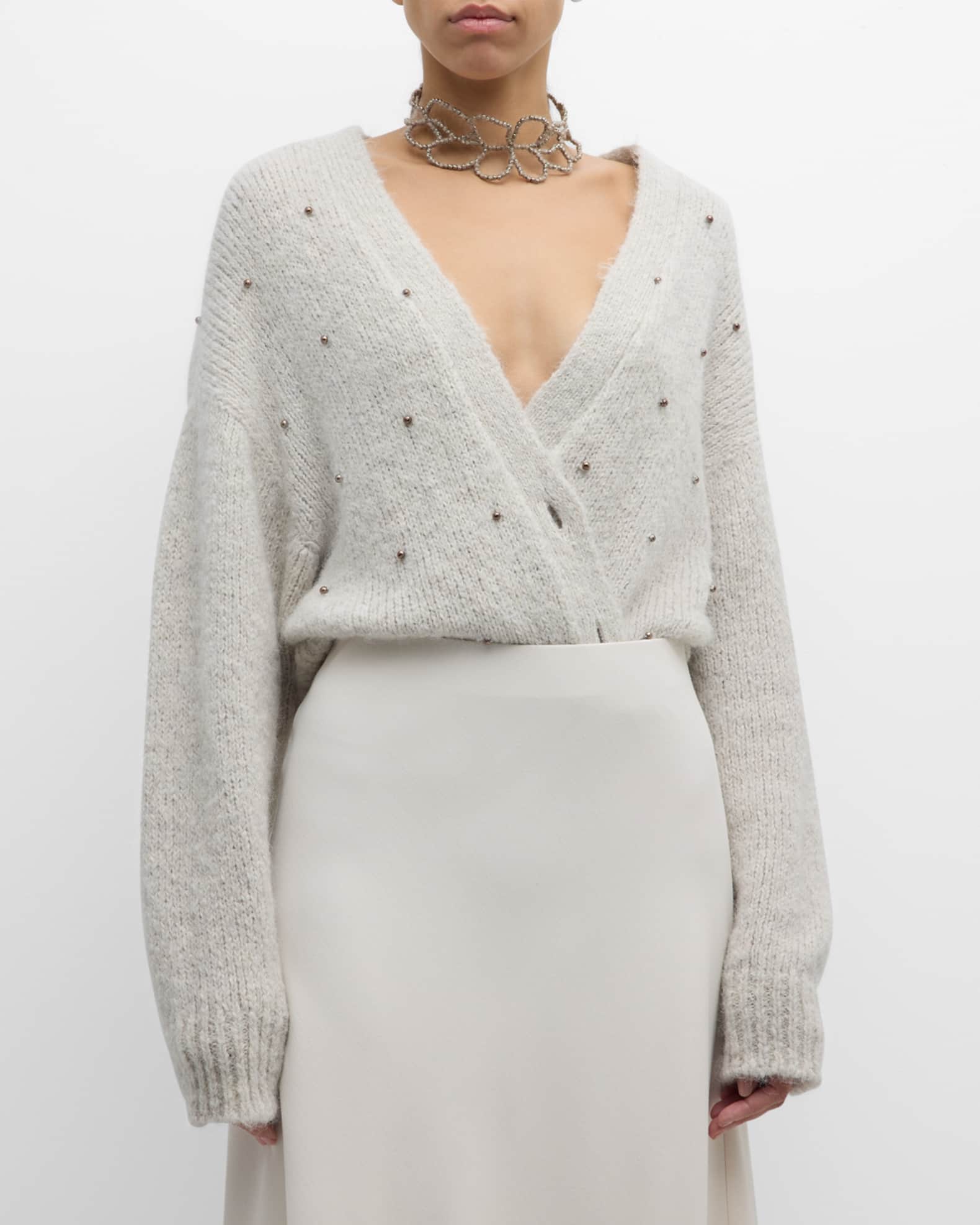 Brunello Cucinelli Alpaca Wool Cardigan with Rhinestone Embroidery ...