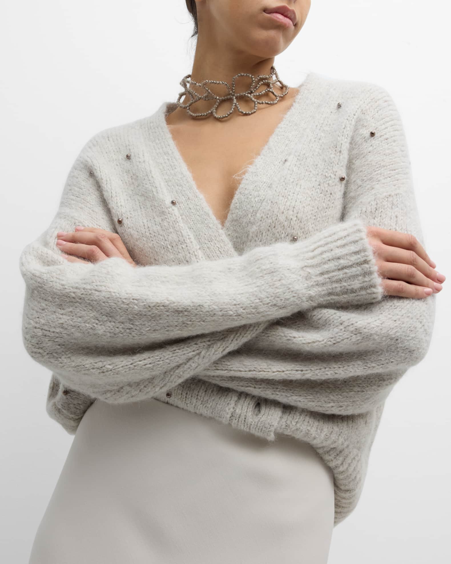 Brunello Cucinelli Alpaca Wool Cardigan with Rhinestone Embroidery ...