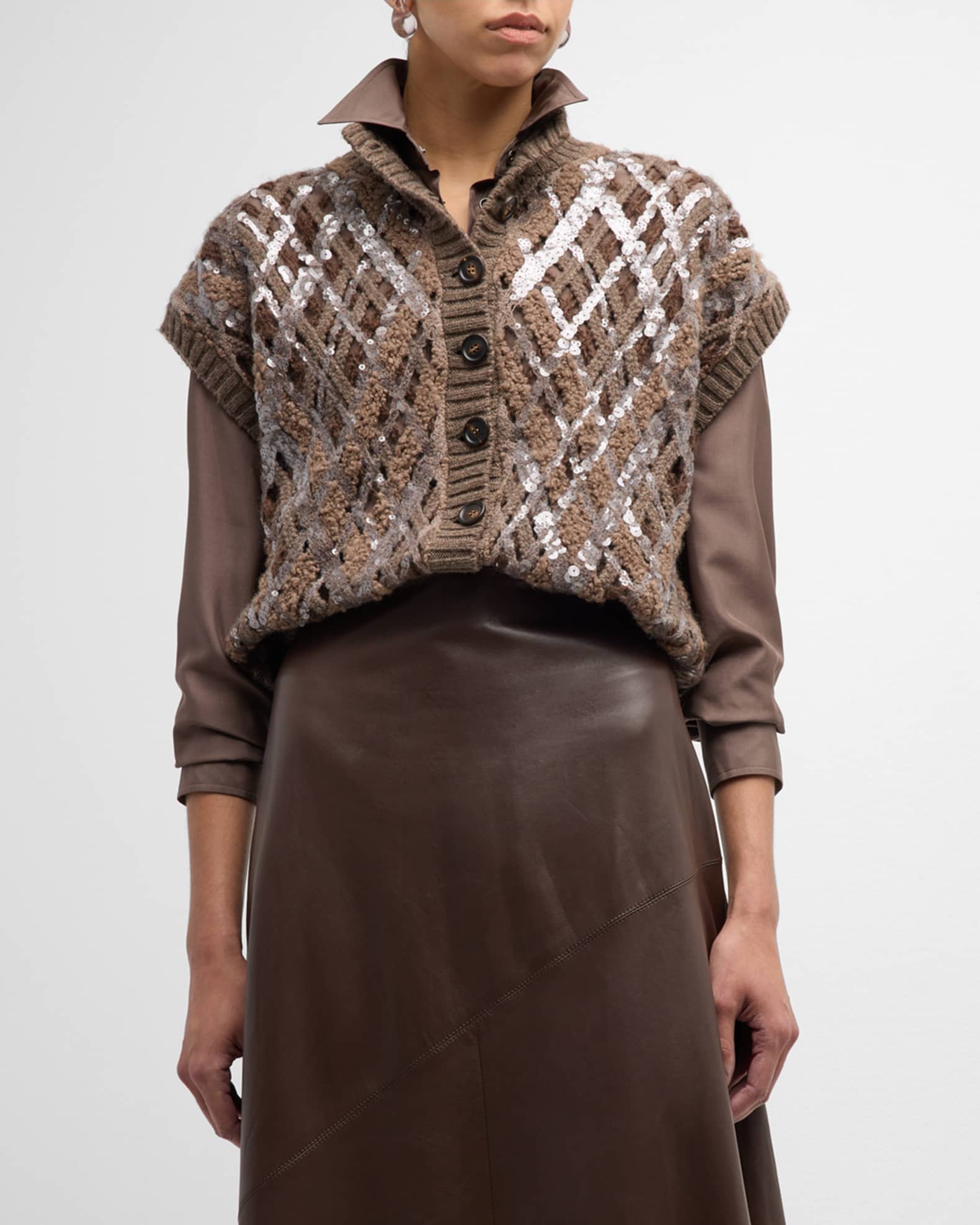 Brunello Cucinelli Opera Cashmere Knit Vest with Paillette Details ...