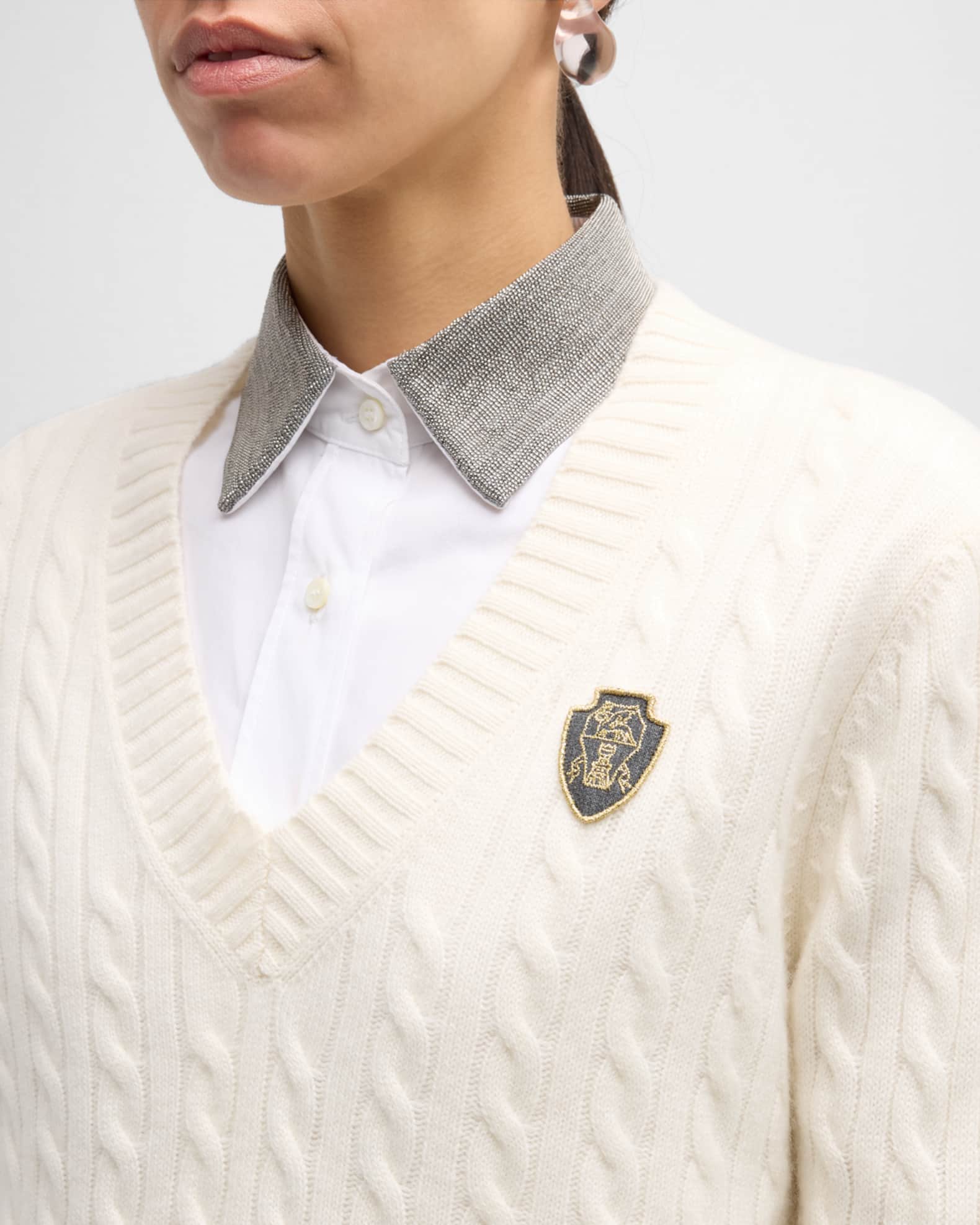 Brunello Cucinelli Cashmere Cable-Knit Sweater with Crest Embroidery ...