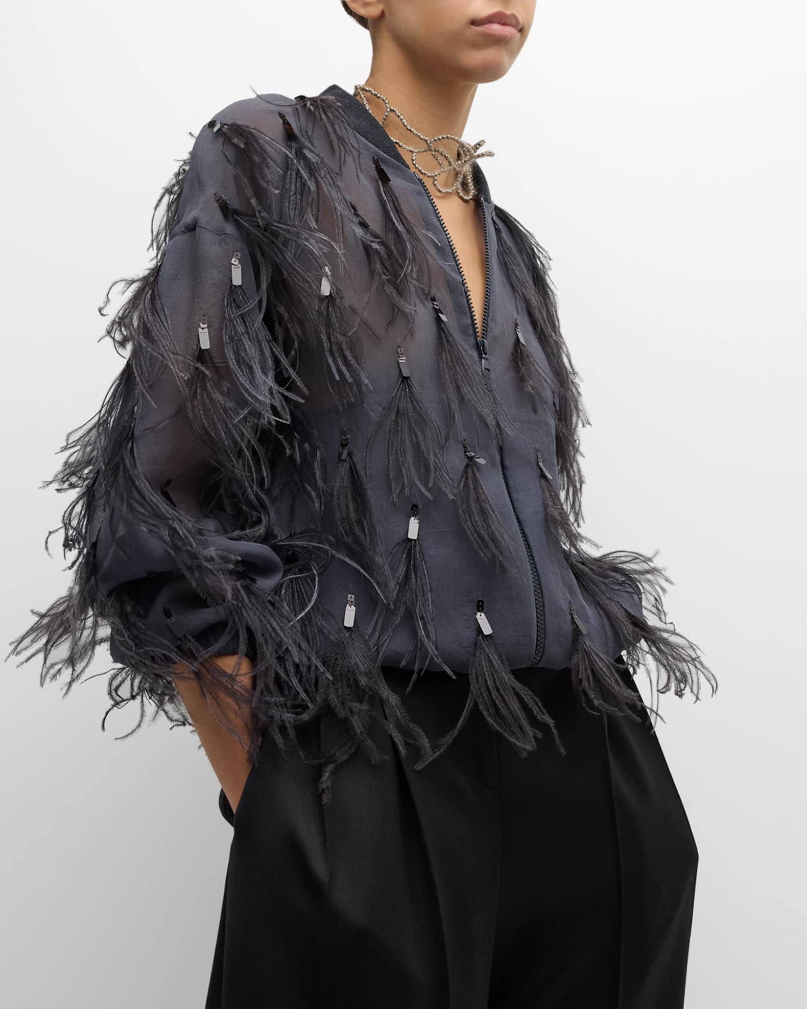 Brunello Cucinelli Crispy Silk Organza Bomber Jacket with Feather and ...