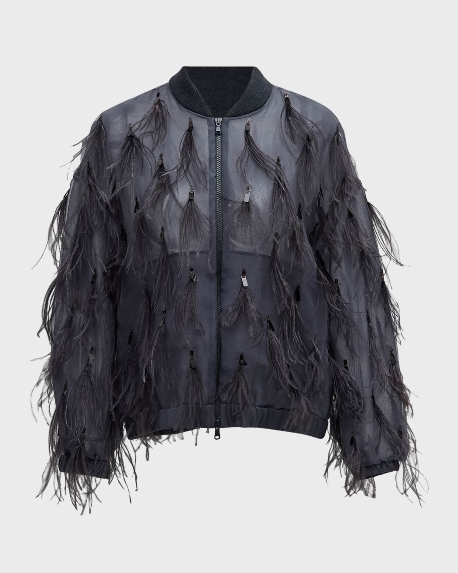 Brunello Cucinelli Crispy Silk Organza Bomber Jacket with Feather and ...