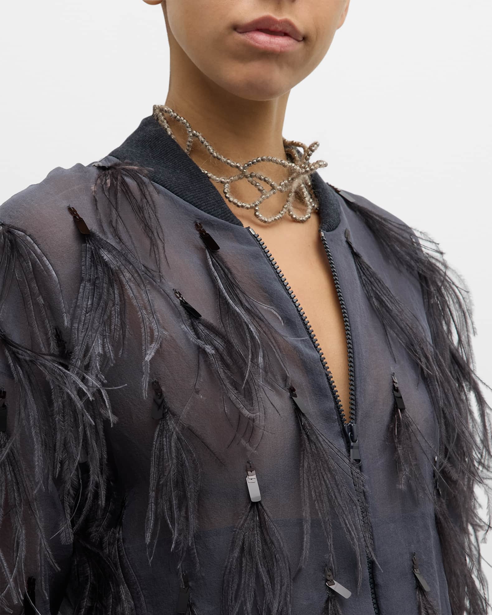 Brunello Cucinelli Crispy Silk Organza Bomber Jacket with Feather and ...