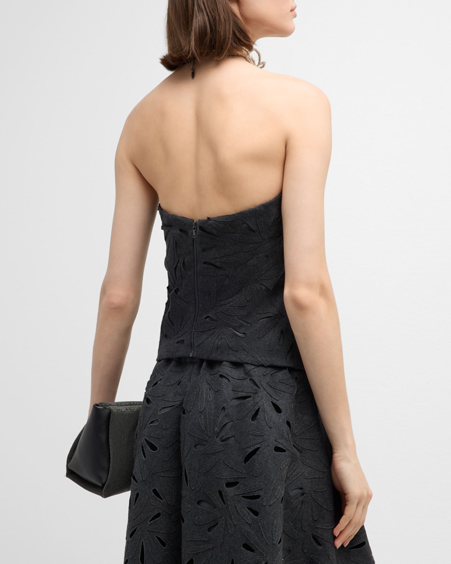 Brunello Cucinelli Strapless Flannel Wool Top with Laser-Cut Embroidery ...