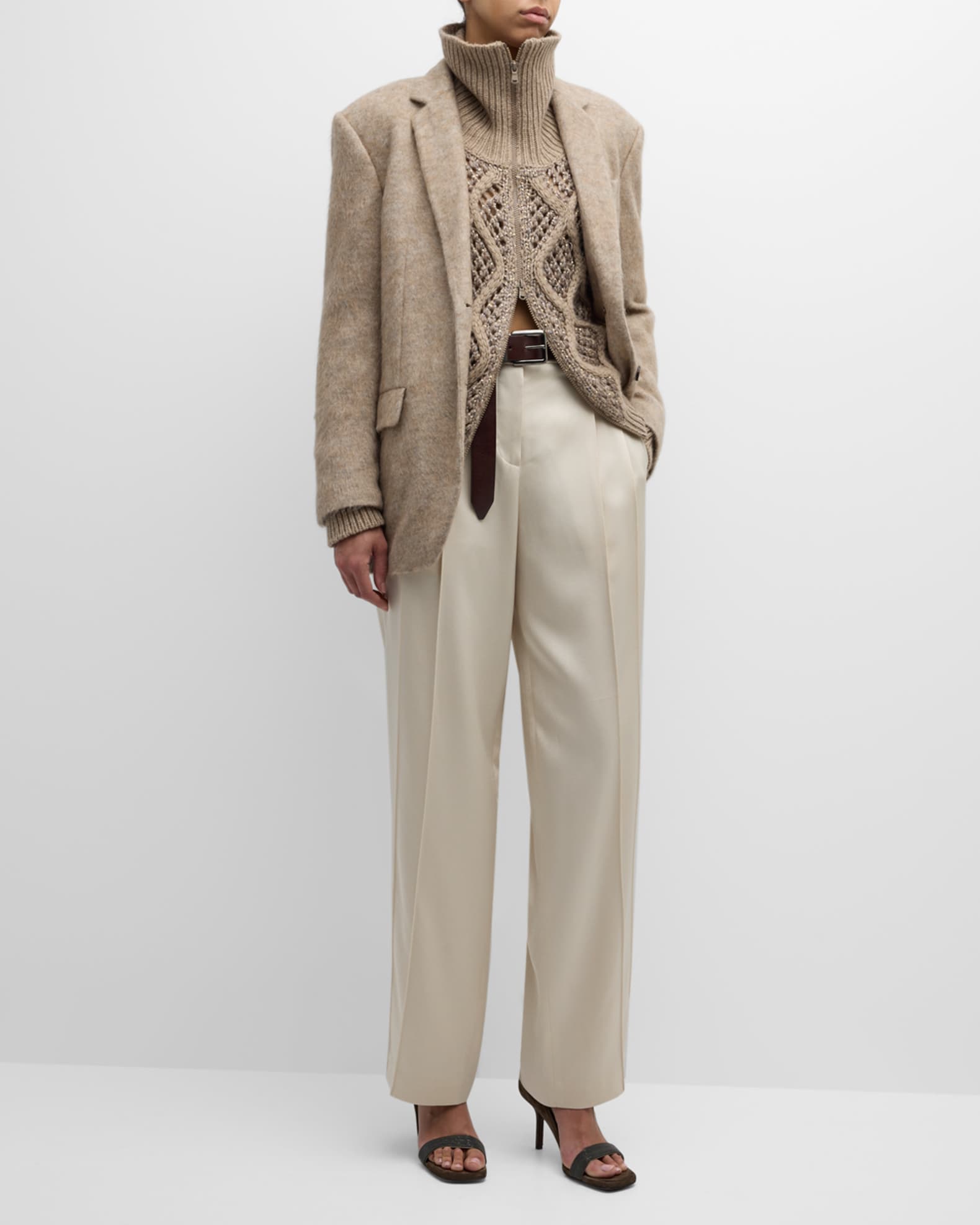 Brunello Cucinelli Opera Cashmere Cable and Net Zip-Up Cardigan with ...