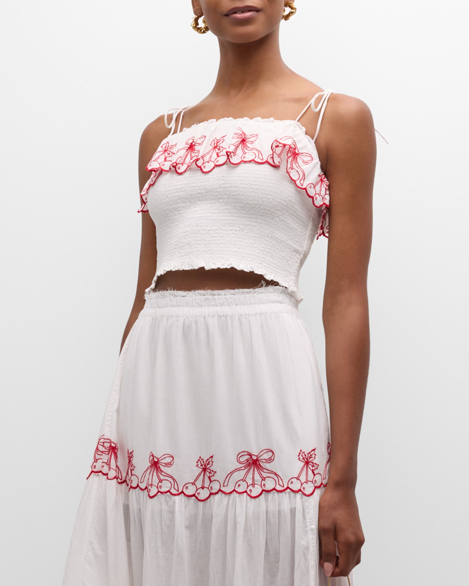 LoveShackFancy Carletta Smocked Embroidery Tie-Shoulder Crop Top ...