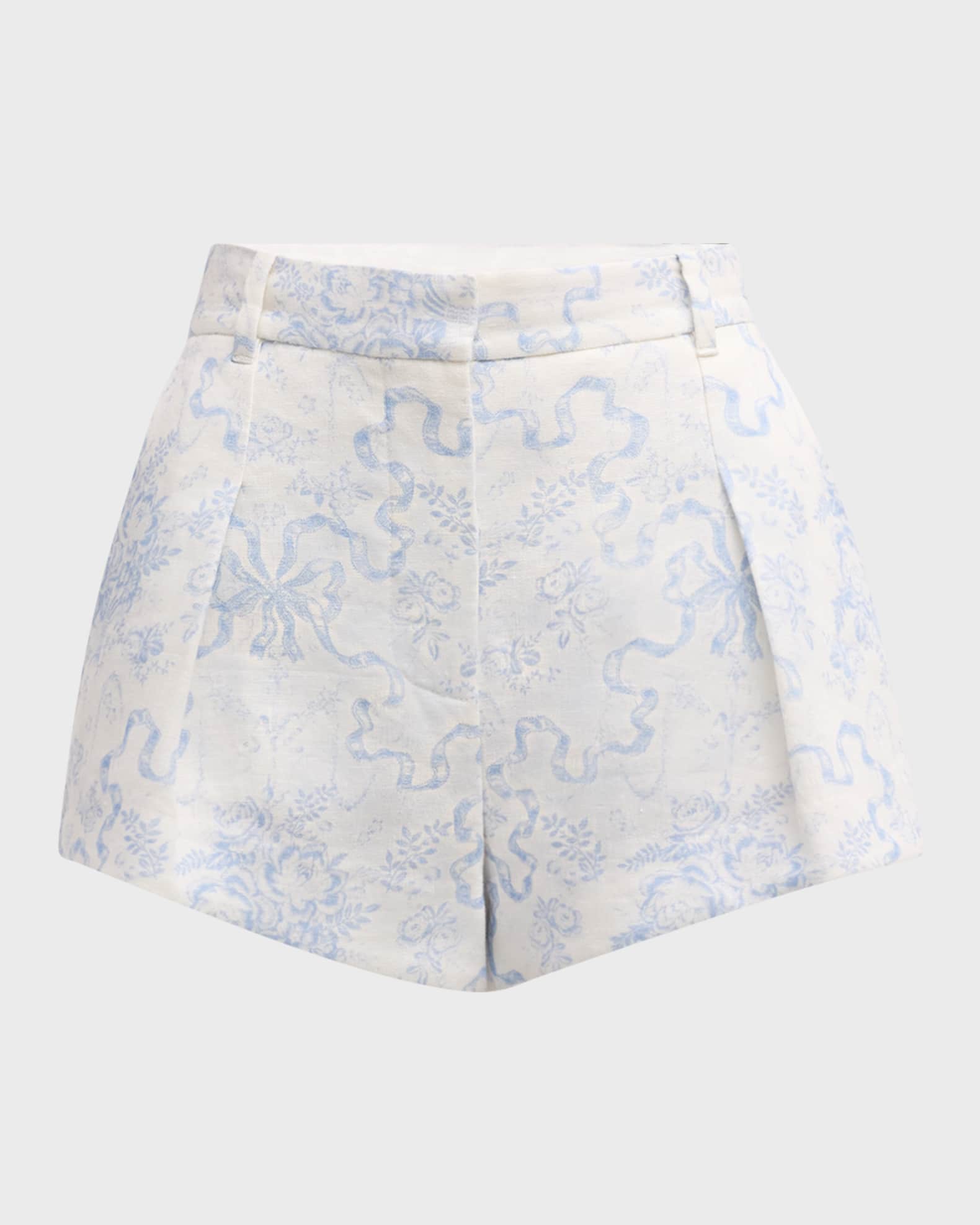 LoveShackFancy Lacette Bow-Print Linen Shorts | Neiman Marcus