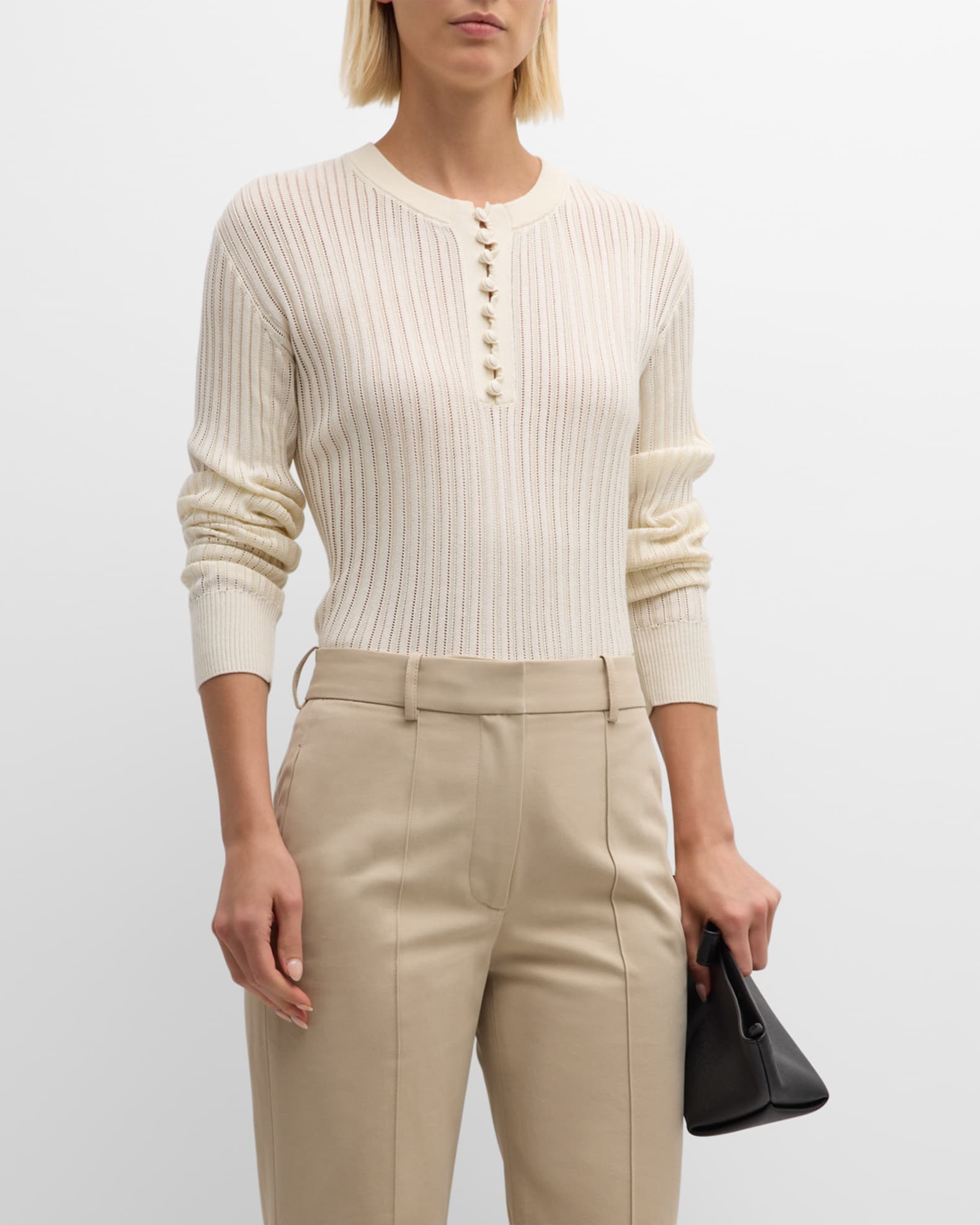 Adam Lippes Parker Cashmere-Silk Rib Knit Long-Sleeve Henley Sweater ...