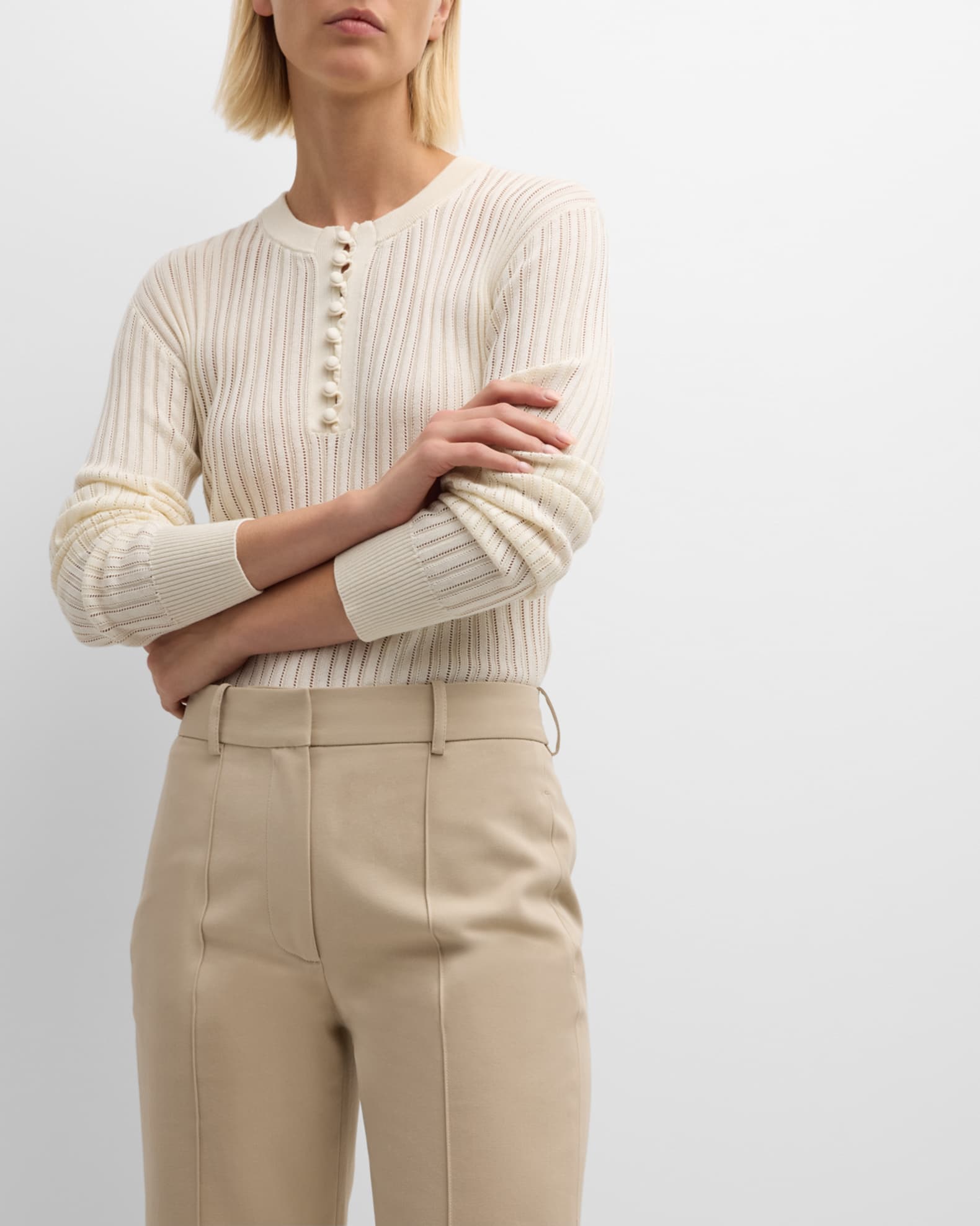 Adam Lippes Parker Cashmere-Silk Rib Knit Long-Sleeve Henley Sweater ...