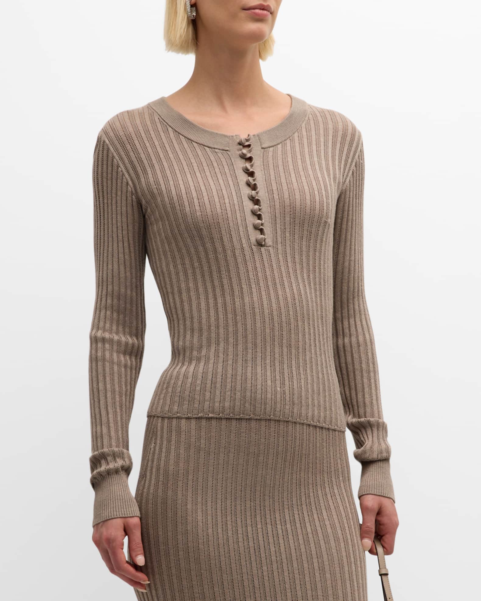 Adam Lippes Parker Cashmere-Silk Rib Knit Long-Sleeve Henley Sweater ...