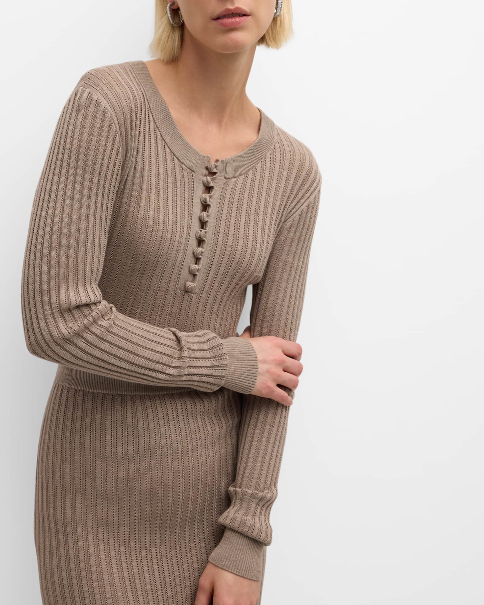 Adam Lippes Parker Cashmere-Silk Rib Knit Long-Sleeve Henley Sweater ...