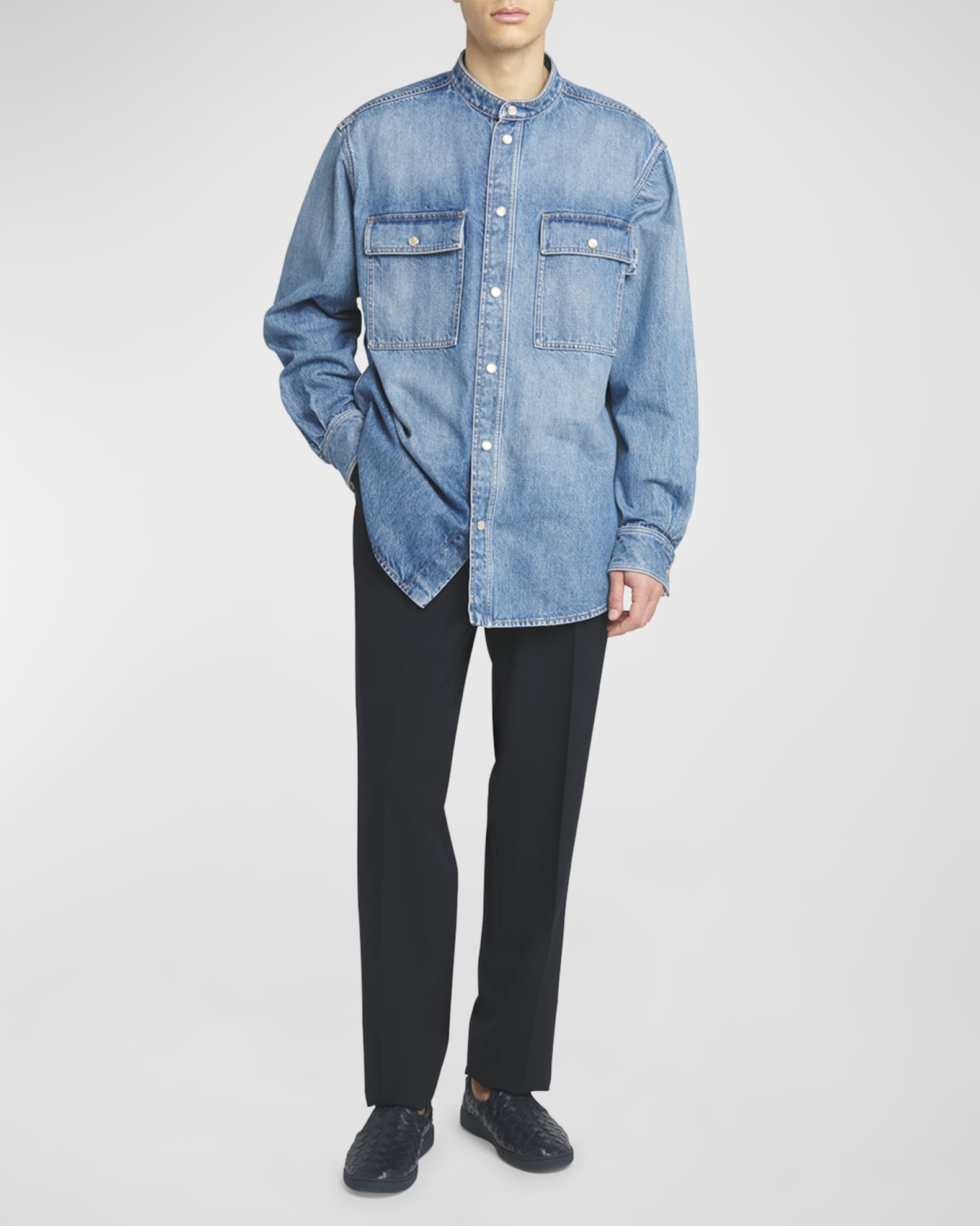 Bottega Veneta Men's Eco-Wash Denim Snap-Front Shirt | Neiman Marcus