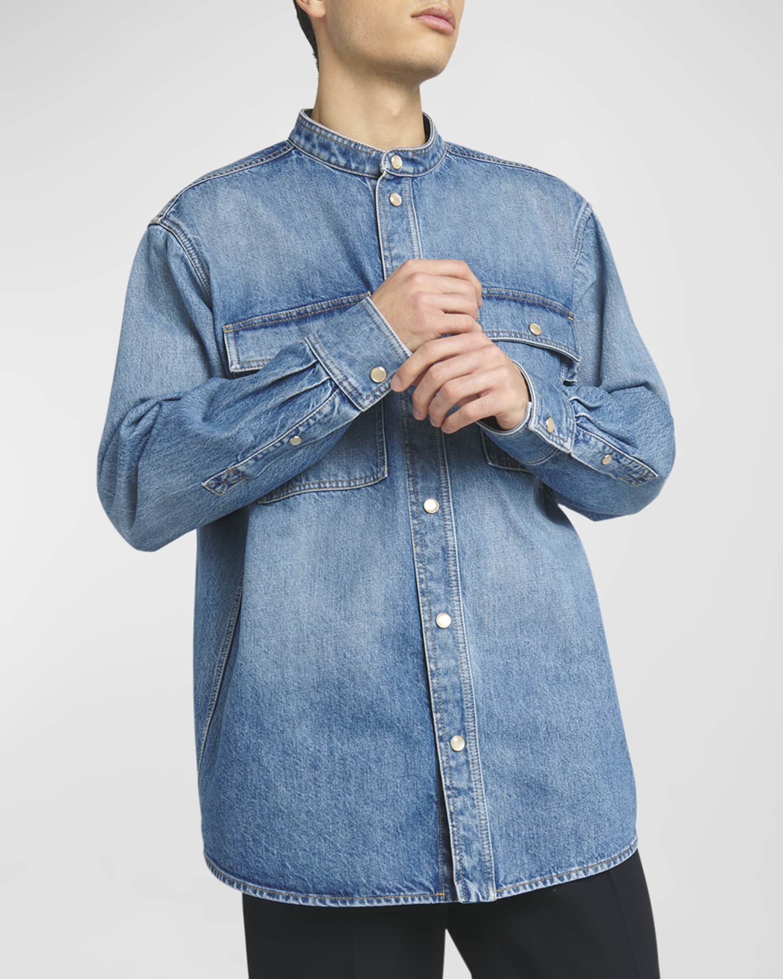 Bottega Veneta Men's Eco-Wash Denim Snap-Front Shirt | Neiman Marcus