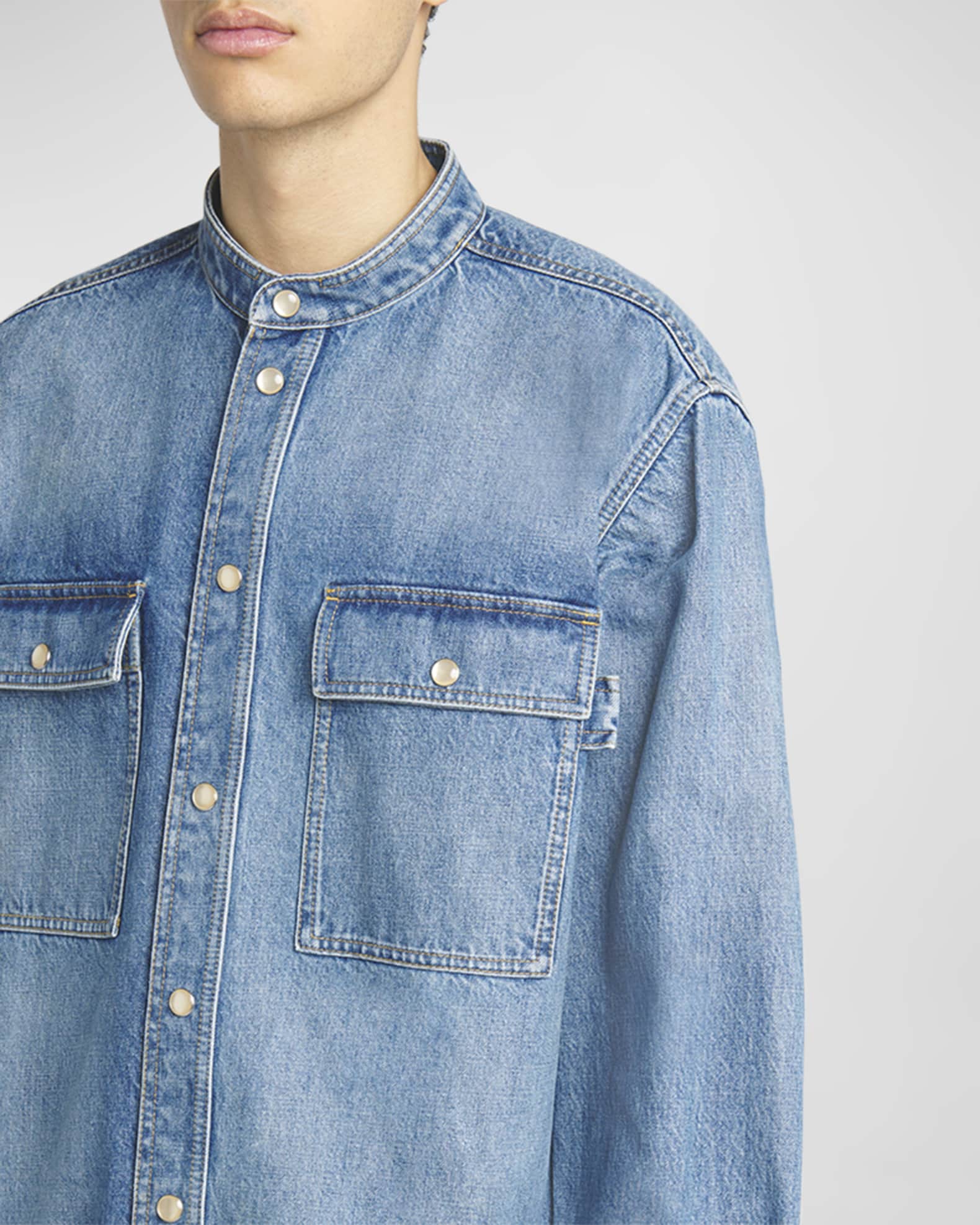 Bottega Veneta Men's Eco-Wash Denim Snap-Front Shirt | Neiman Marcus