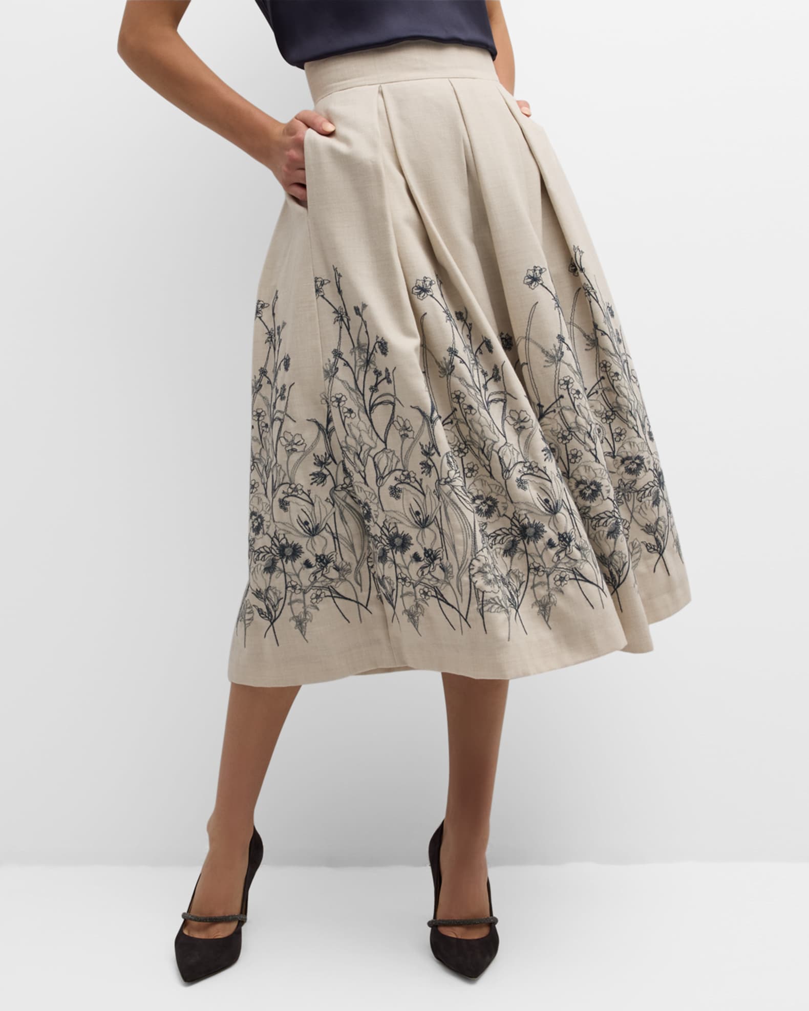 Eleventy Pleated Floral-Embroidered Midi Skirt | Neiman Marcus