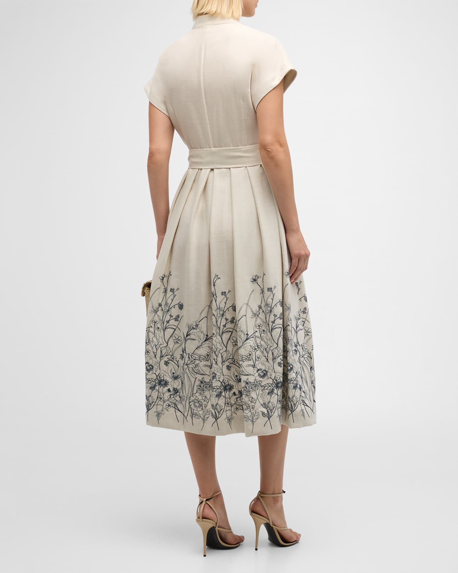 Eleventy Pleated Floral-Embroidered Midi Dress | Neiman Marcus