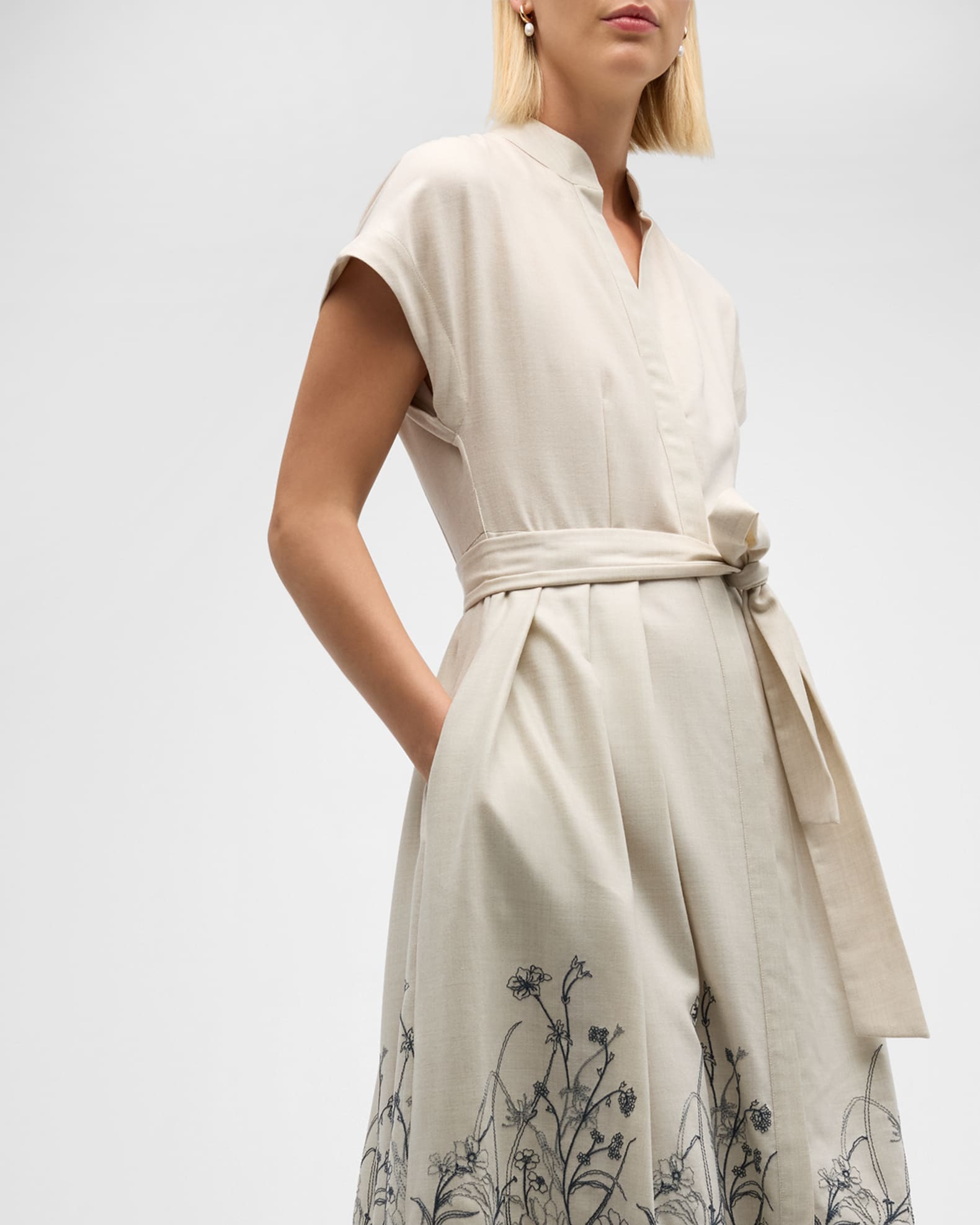 Eleventy Pleated Floral-Embroidered Midi Dress | Neiman Marcus