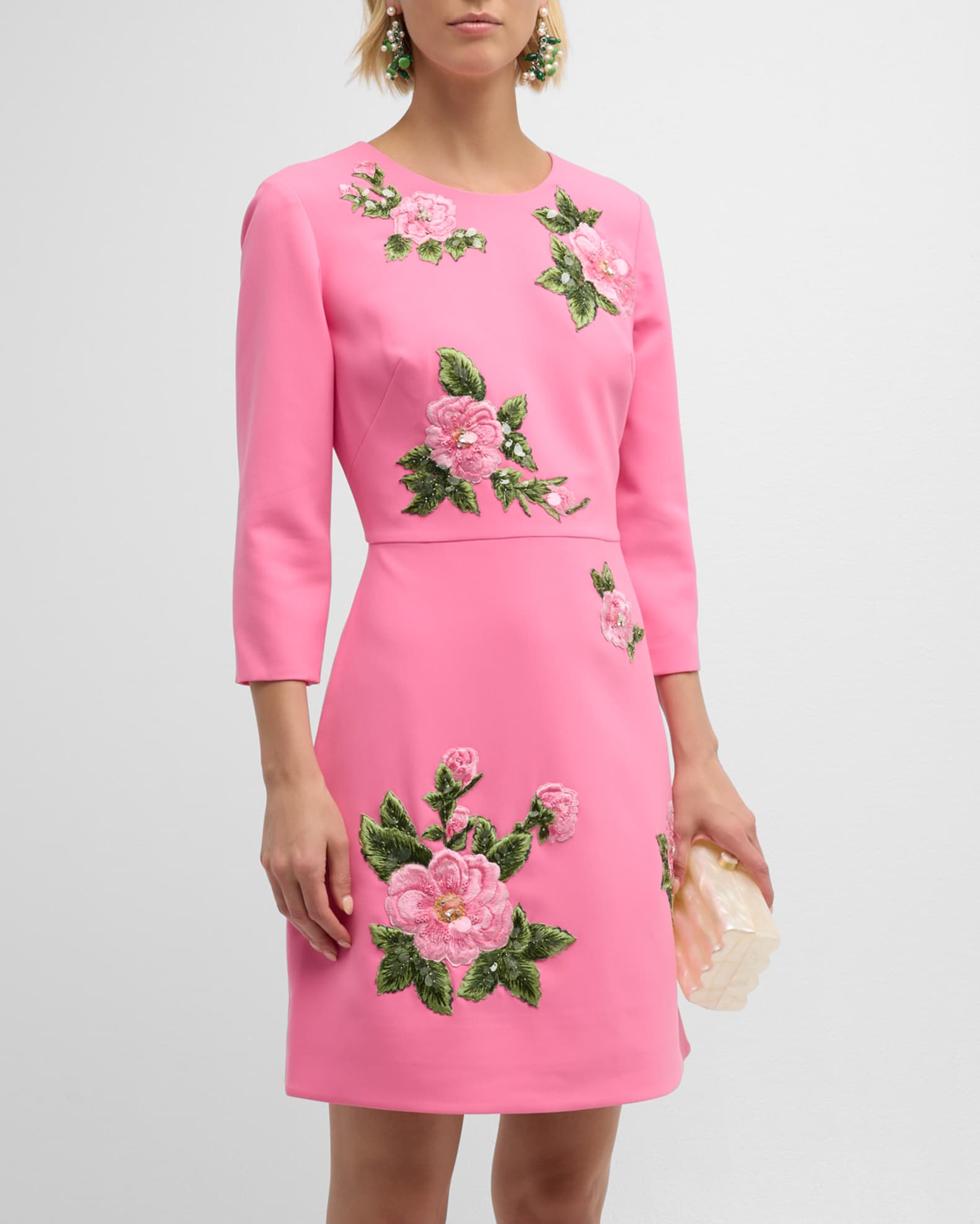 Carolina Herrera Floral Embroidered 3 4 Sleeve Mini Dress Neiman Marcus