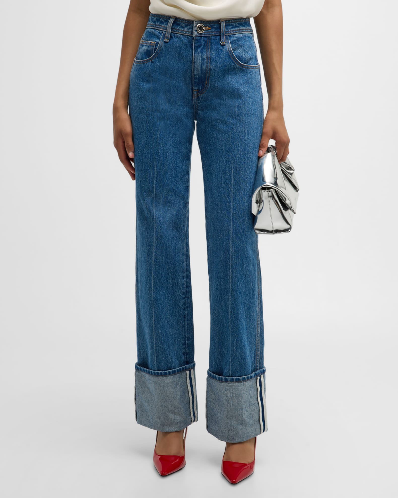 Brandon Maxwell Alexa Wide-Leg Cuffed Denim Jeans | Neiman Marcus