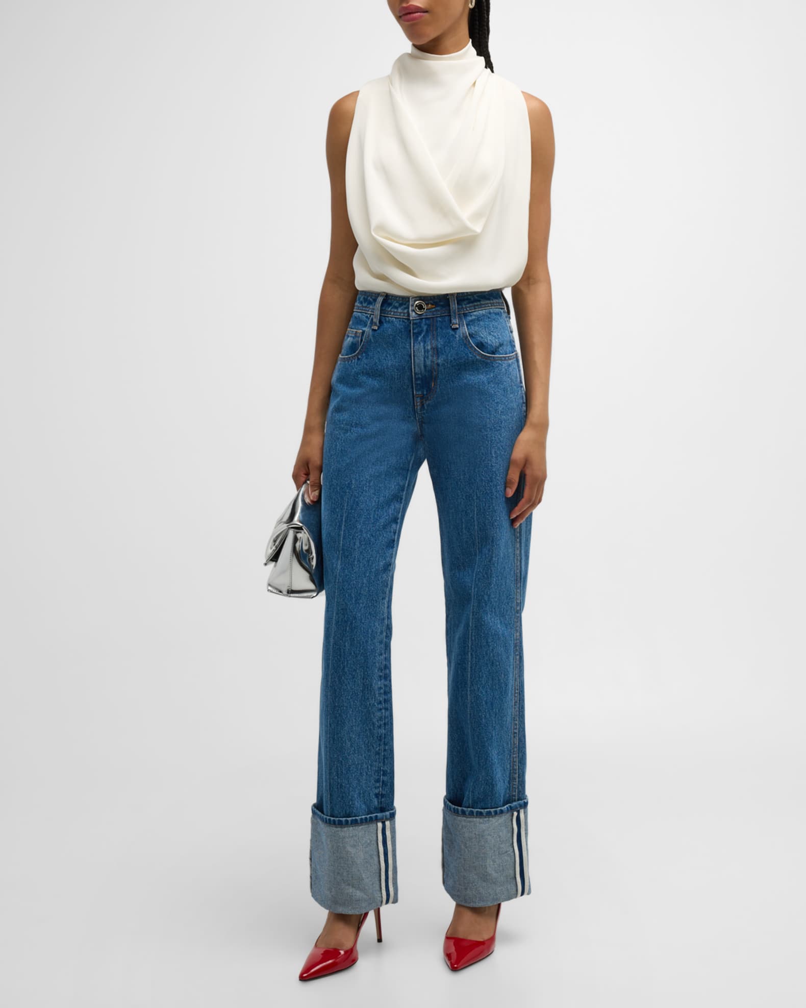 Brandon Maxwell Alexa Wide-Leg Cuffed Denim Jeans | Neiman Marcus