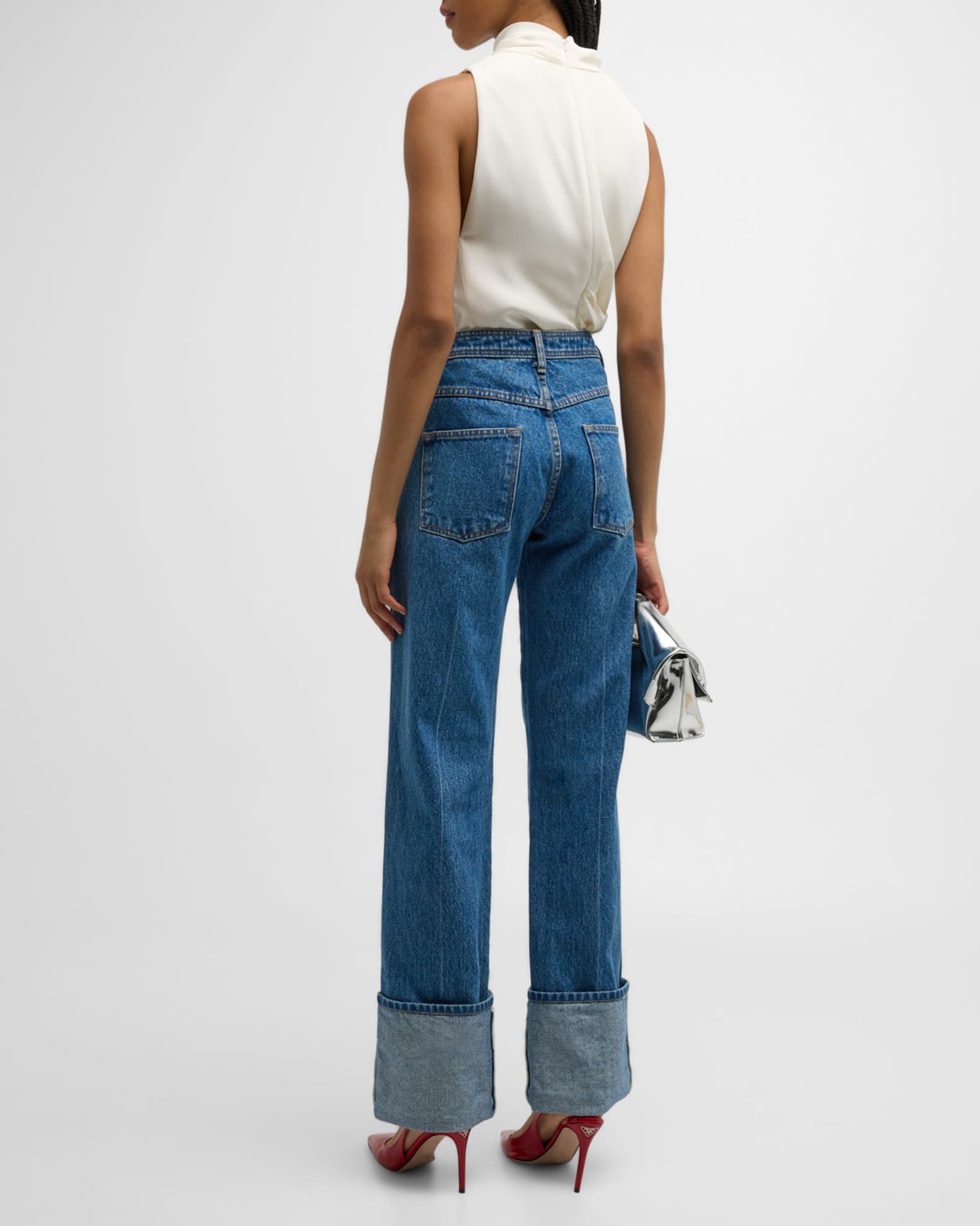 Brandon Maxwell Alexa Wide-Leg Cuffed Denim Jeans | Neiman Marcus