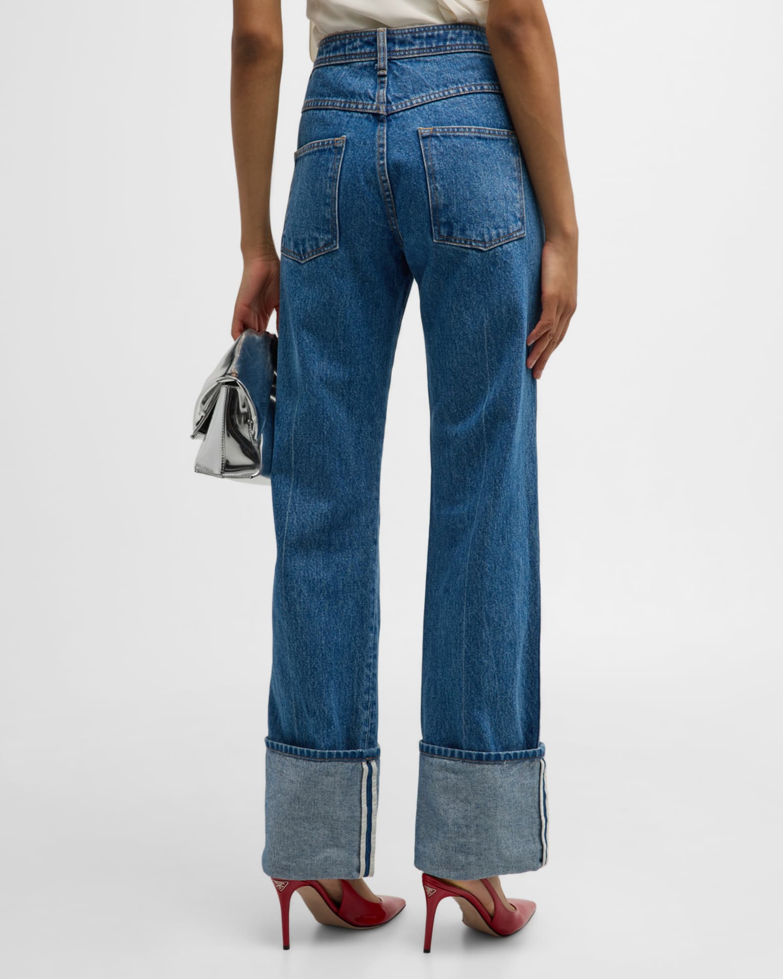 Brandon Maxwell Alexa Wide-Leg Cuffed Denim Jeans | Neiman Marcus