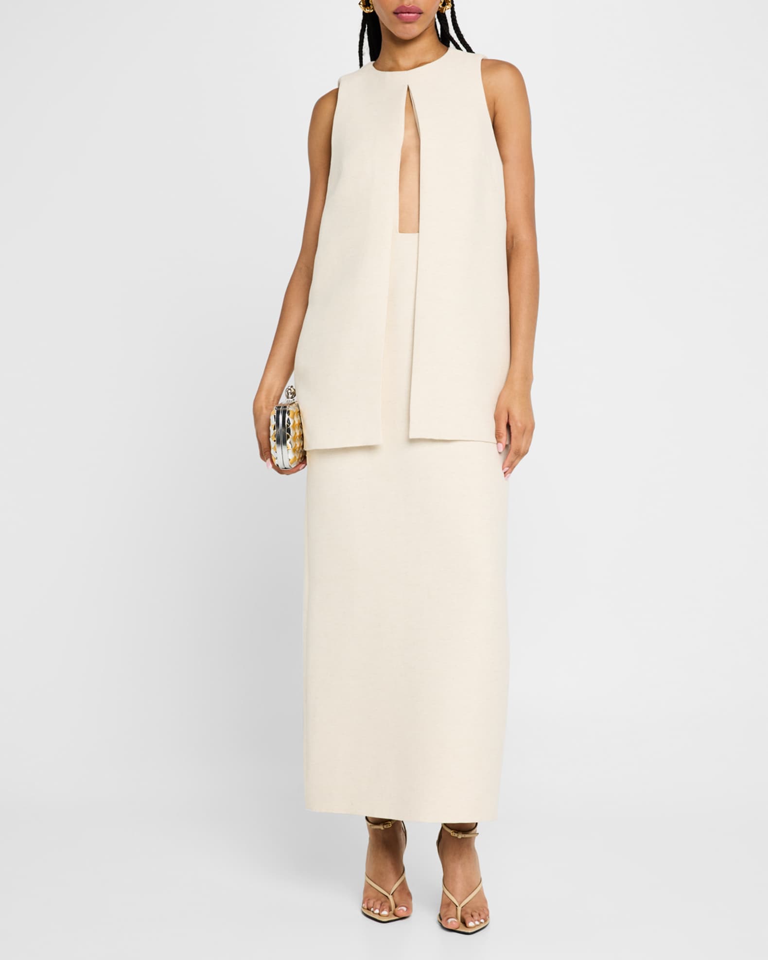 Brandon Maxwell Astrid Split-Front Tiered Tea-Length Dress | Neiman Marcus
