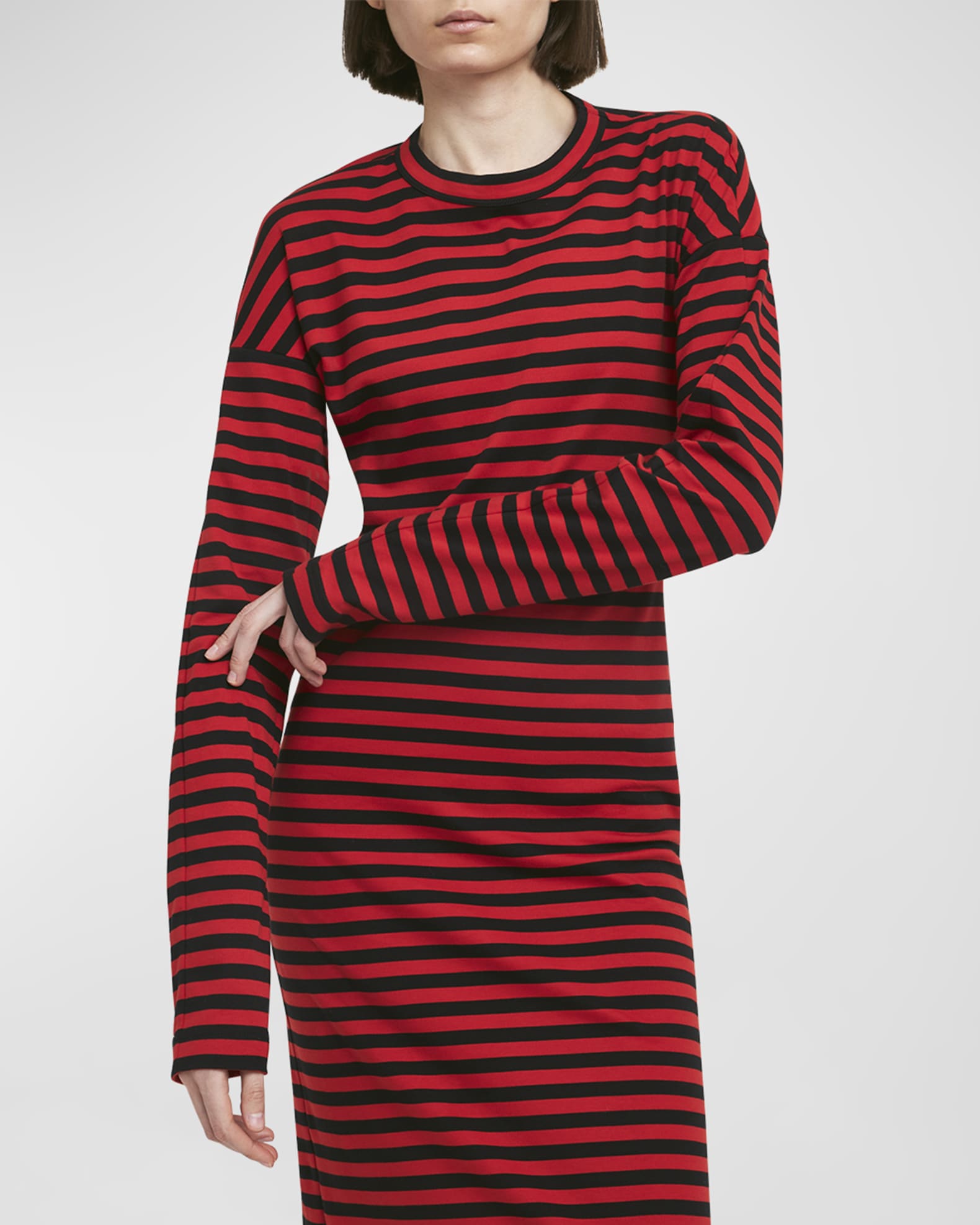Plan C Striped Long-Sleeve Midi T-Shirt Dress | Neiman Marcus